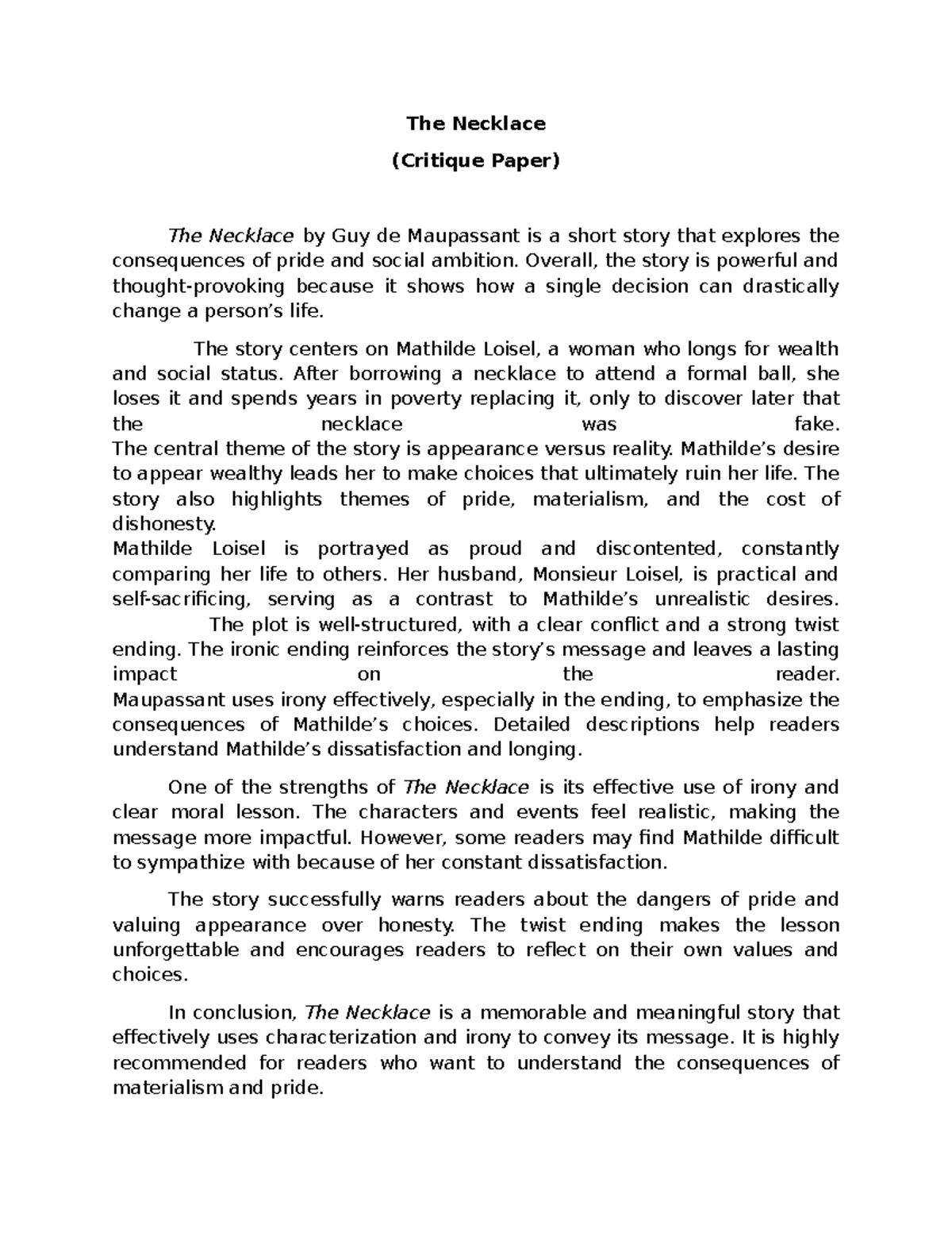 The Necklace (Guy de Maupassant) Critique Paper Analysis - Studocu