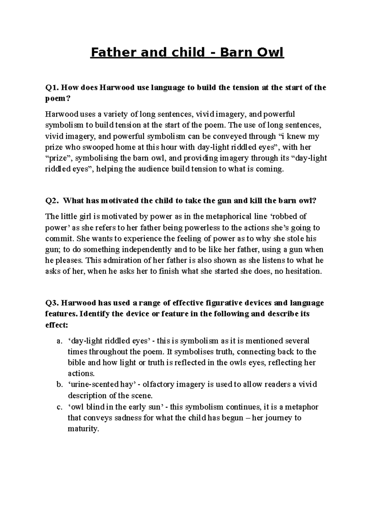 Year 11 English Term 2 Work: Analysis of Harwood's "Father and Child ...
