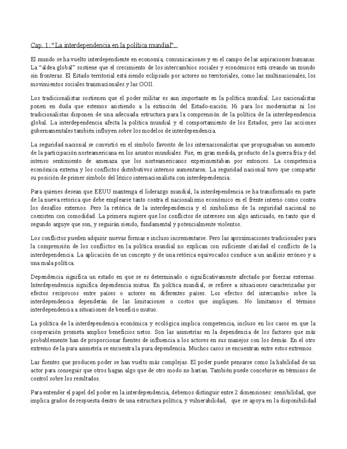 Interdependencia Compleja: Análisis en Política Mundial - Capítulos 1 y ...