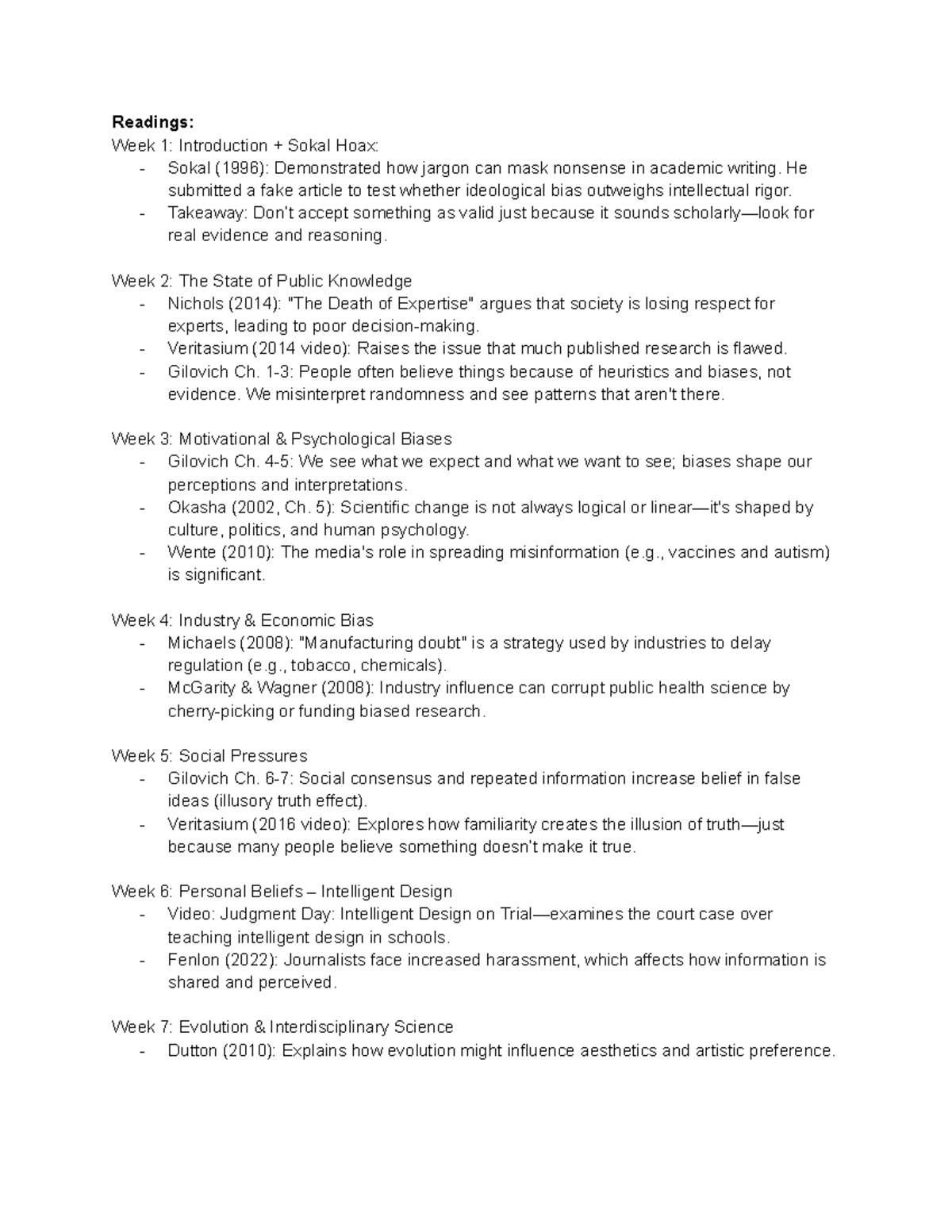 Arts and Science Final Exam Notes: Key Readings and Insights - Studocu