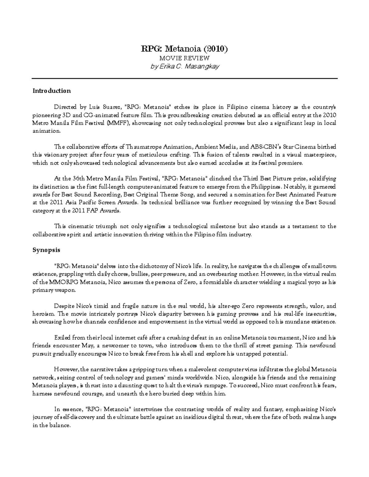 RPG Metanoia (2010) - In-Depth Movie Review and Analysis - Studocu