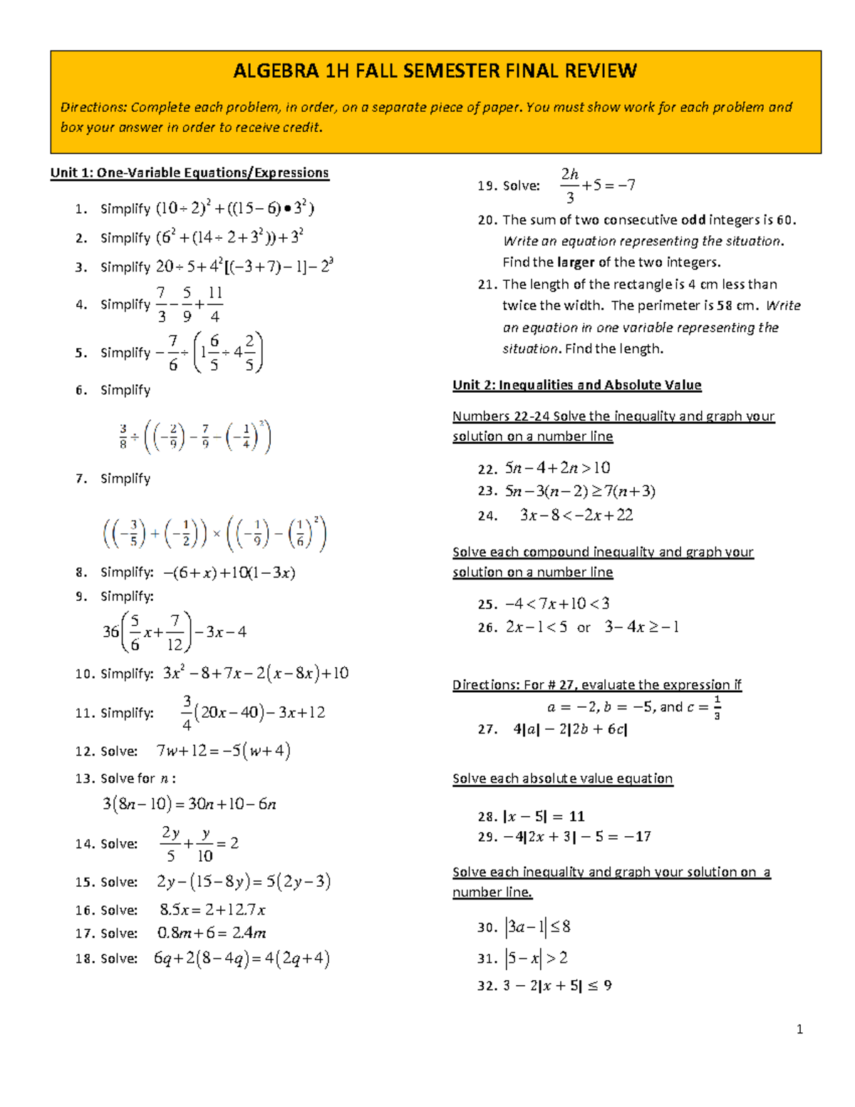Algebra 1H Fall Final Review 2022-23 - Studocu