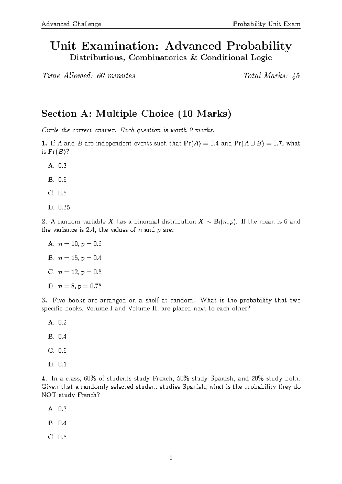 Advanced Challenge Probability Unit Exam: Distributions & Combinatorics ...