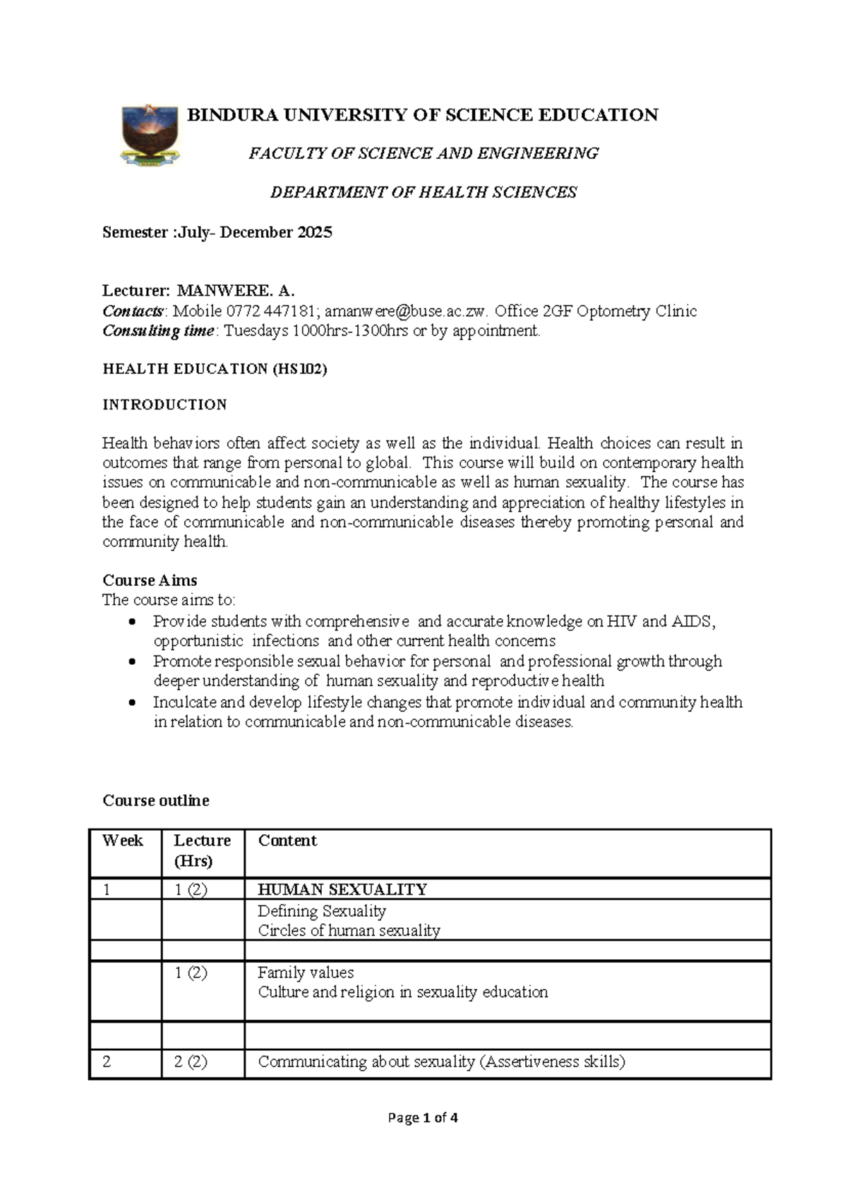 HS102 Health Education Course Outline - December 2025 - Studocu
