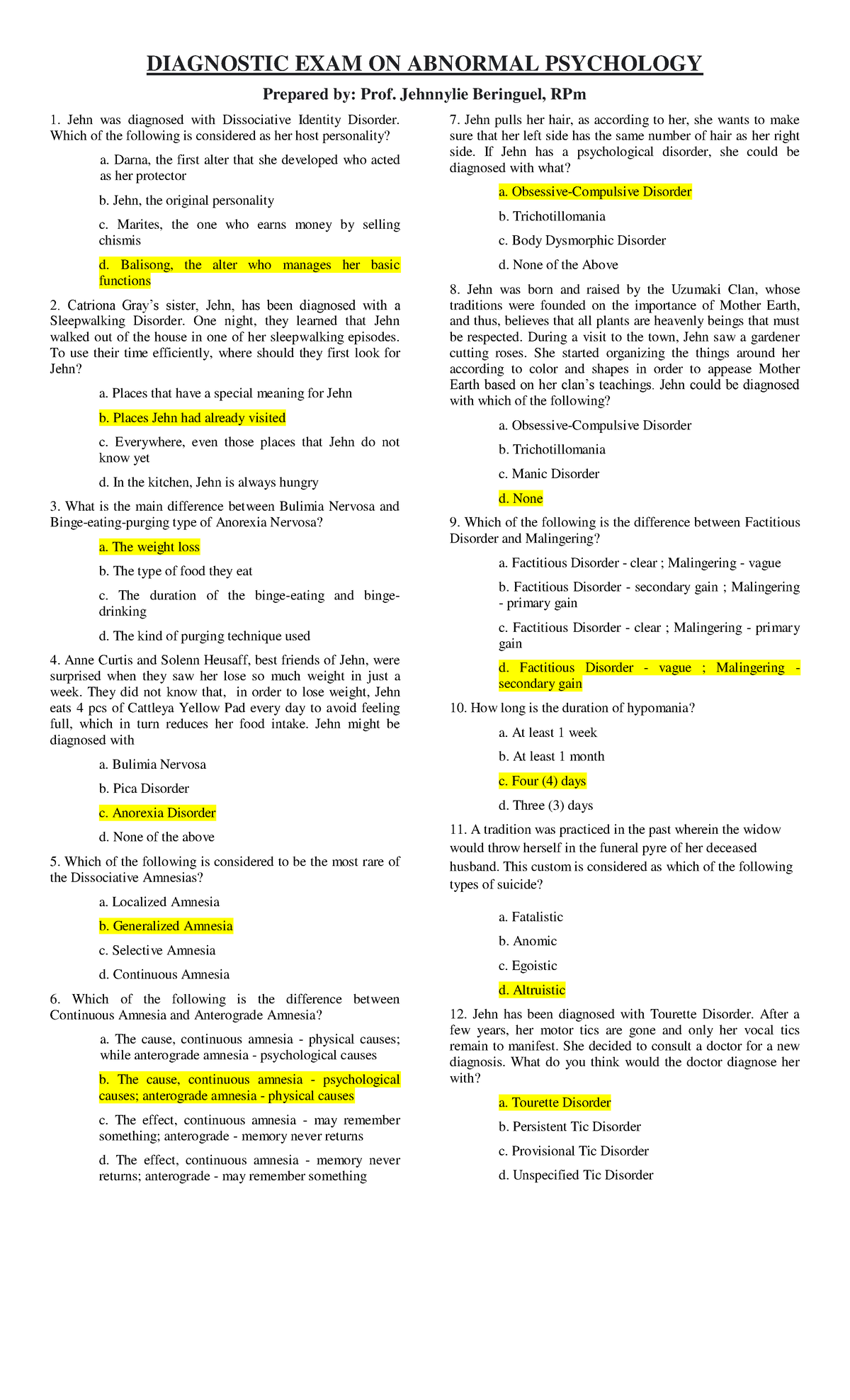 Diagnostic Exam Abnormal Psychology - DIAGNOSTIC EXAM ON ABNORMAL ...