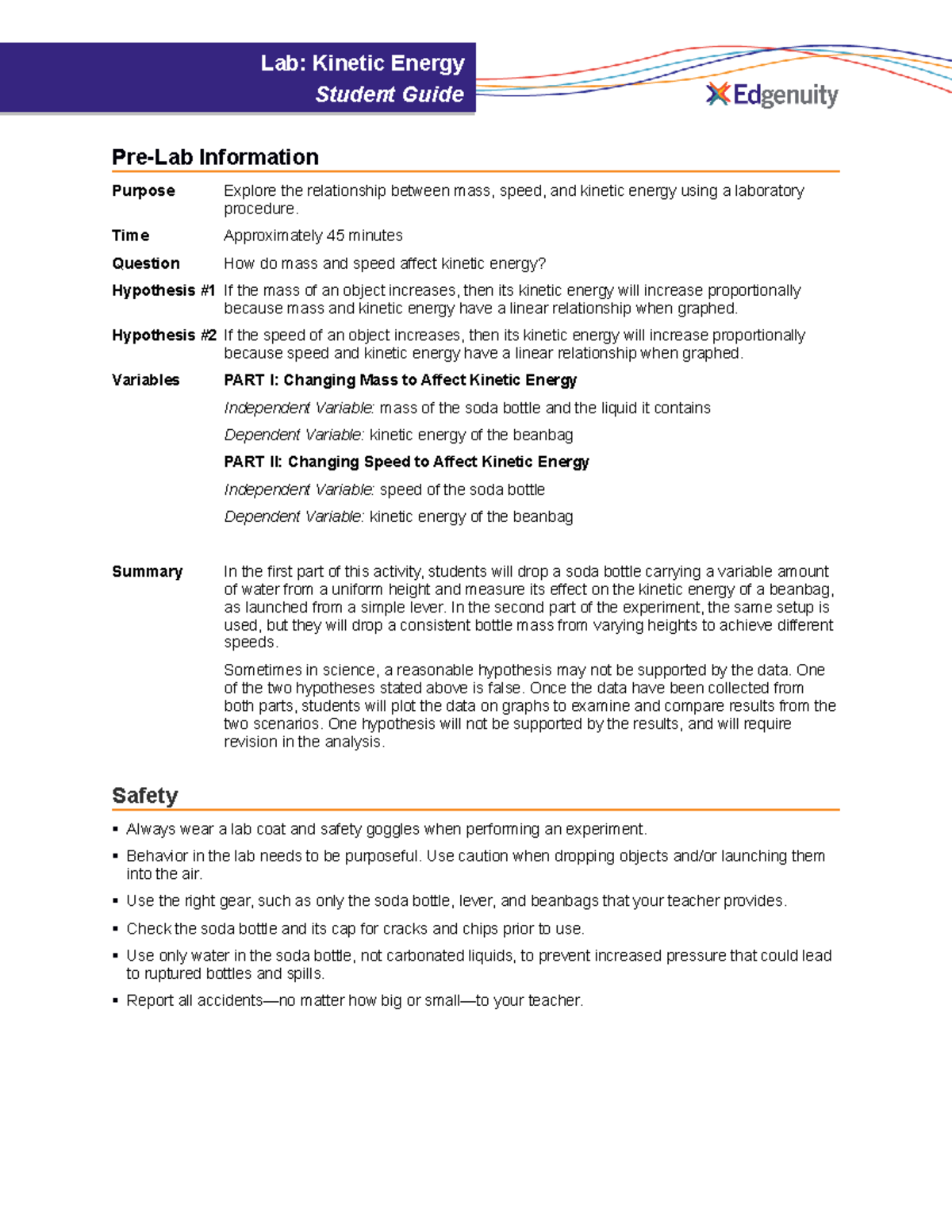 Lab-Kinetic Energy-student guide - Pre-Lab Information Purpose Explore the relationship between ...