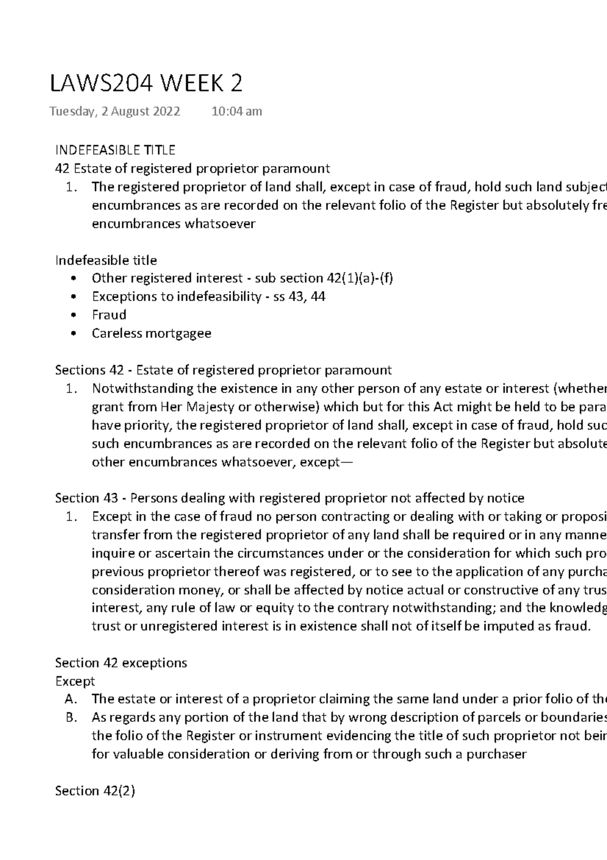 LAWS204 WEEK 2 - Indefeasible Title and Fraud Analysis Lecture Notes ...