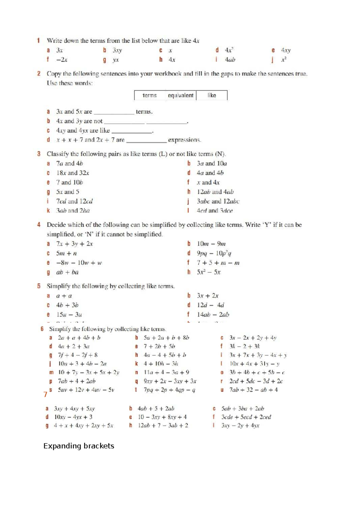 Algebra Simplifying Like Terms Worksheet (Course Code: MATH101) - Studocu