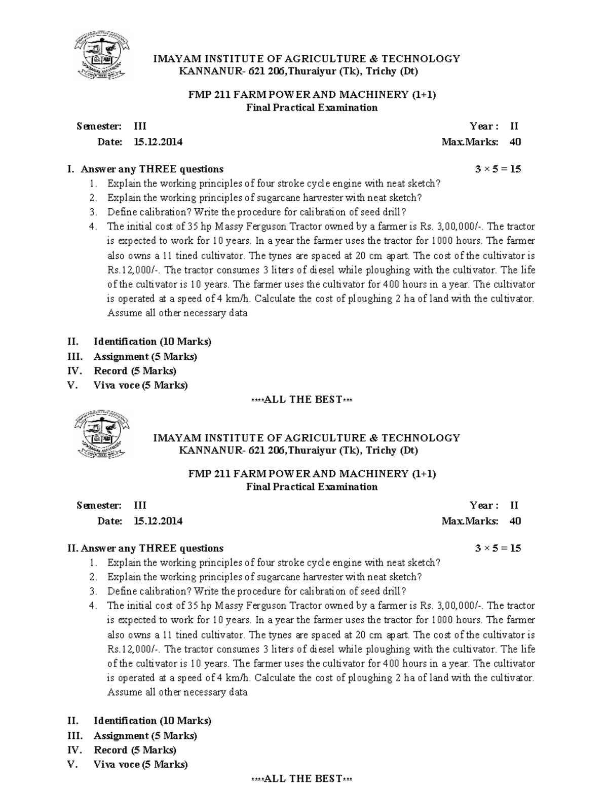 FMP 211 Farm Power and Machinery Final Practical Exam Questions - Studocu