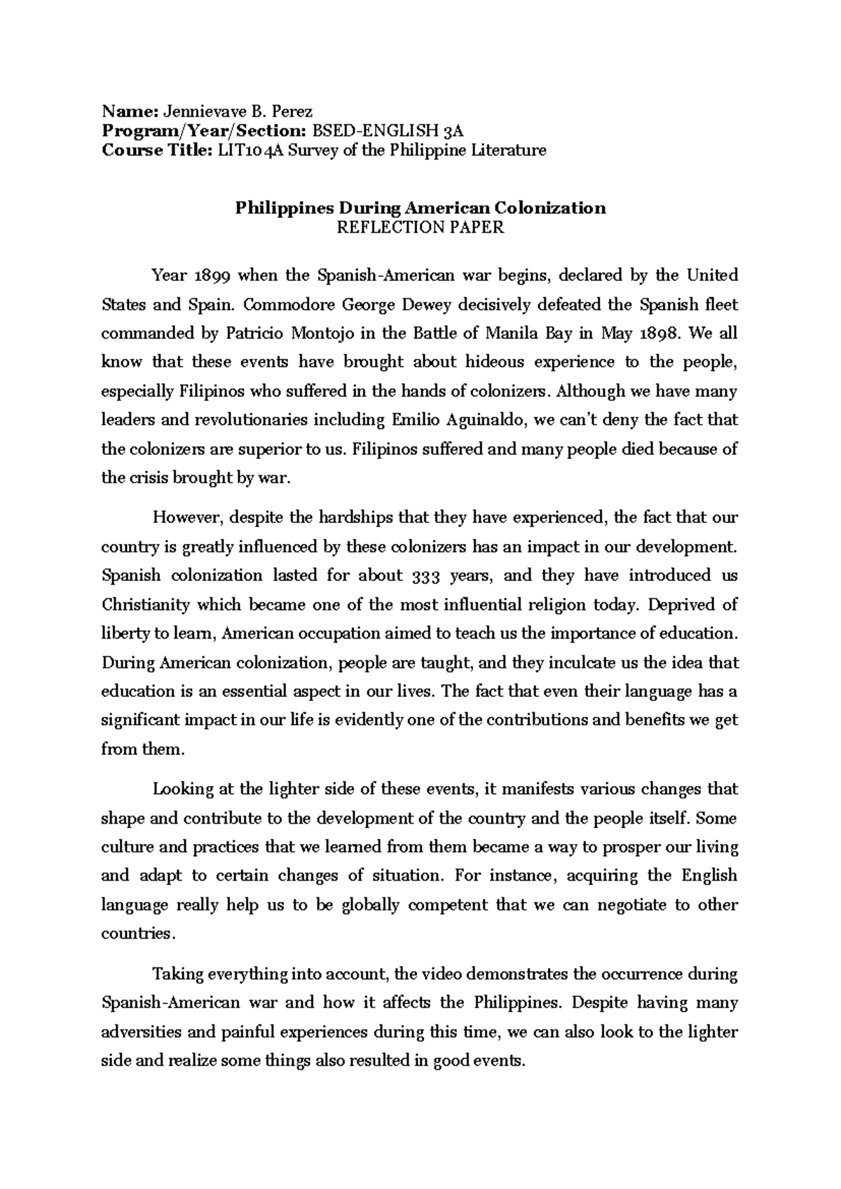 LIT104A Reflection Paper: Philippine Literature During American ...