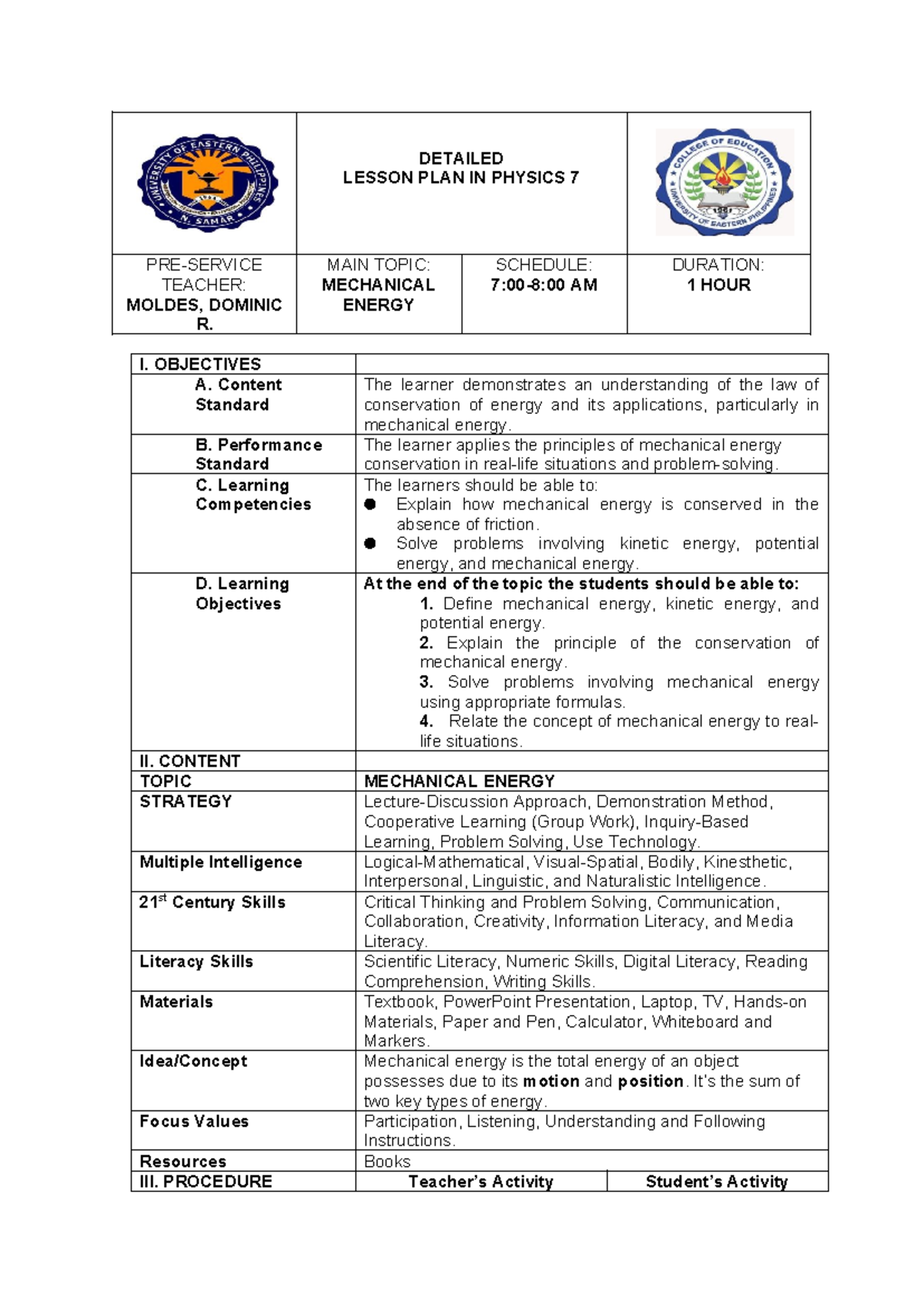 DLP (Physics 7) Lesson Plan: Mechanical Energy Concepts & Activities ...