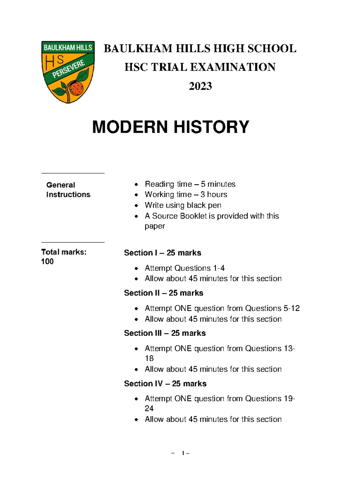 BHHS 2023 HSC Modern History Trial Examination Paper - Studocu
