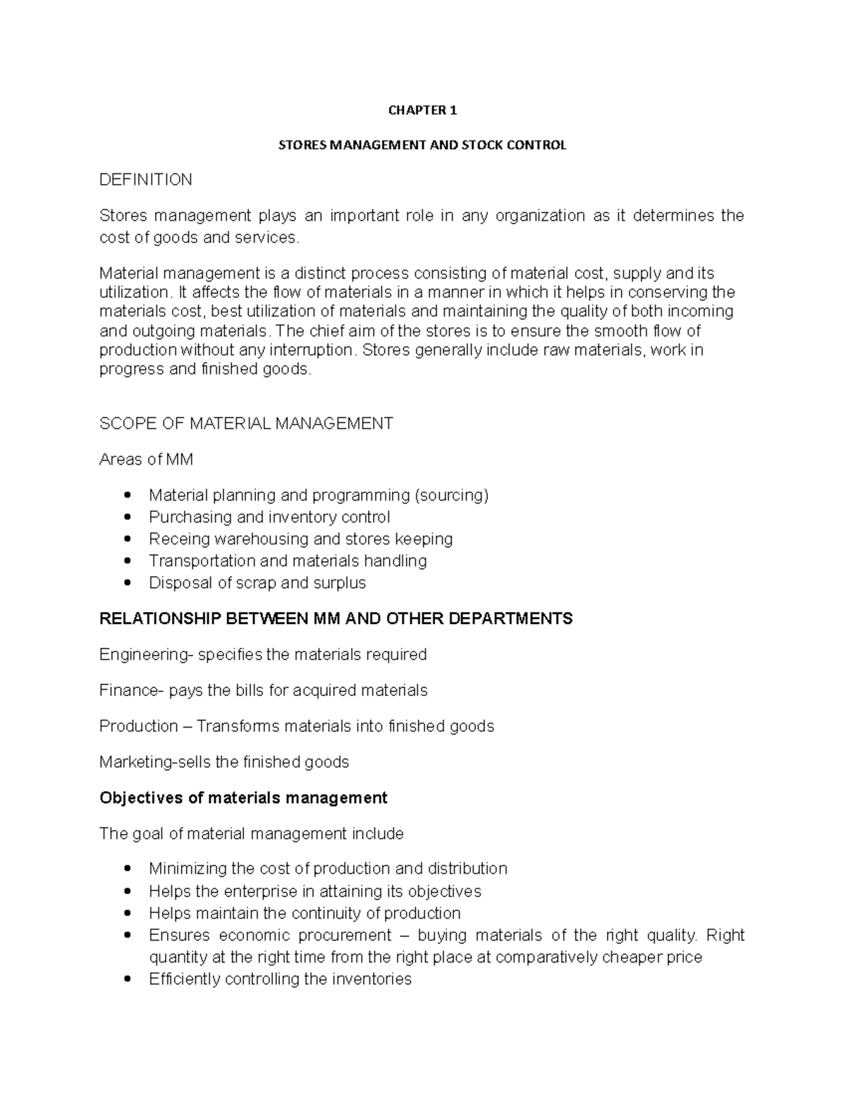 Chapter 1: Introduction to Stores Management & Material Control - Studocu