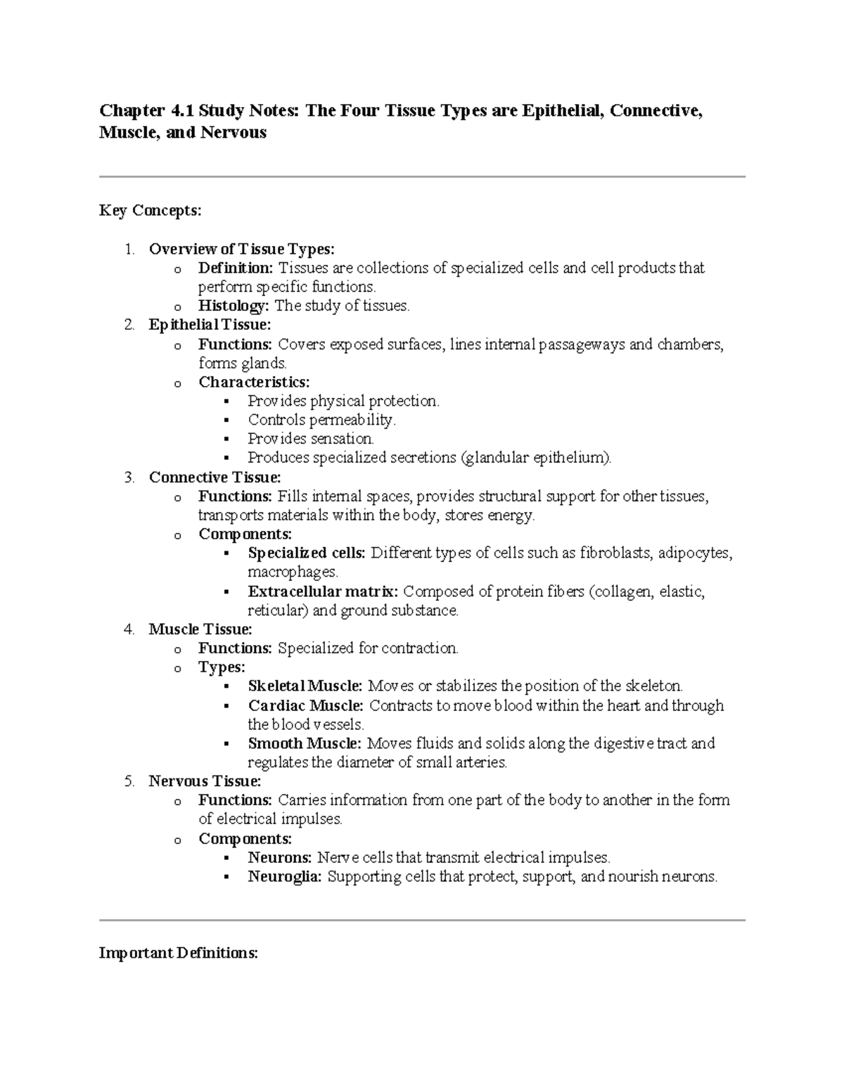 Study Notes for Chapter 4: Tissue Types, Functions, and Aging Effects ...