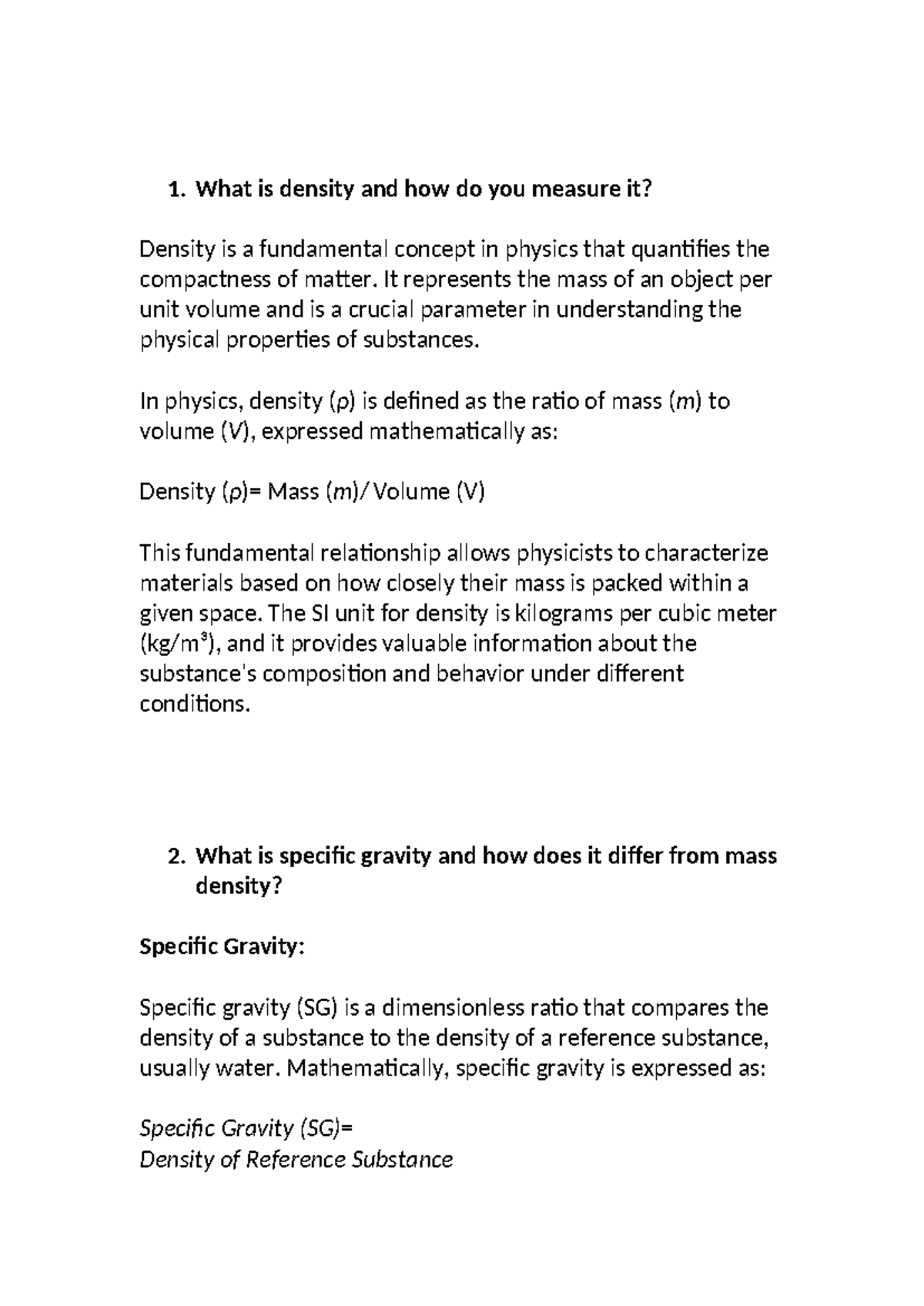 PHYS 202: Lab 2 Notes on Density and Specific Gravity Concepts - Studocu