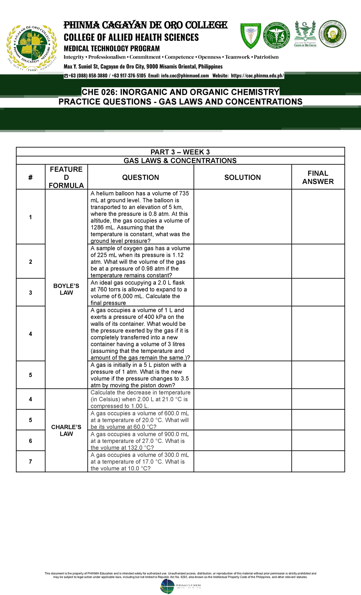 CHE 026: Inorganic and Organic Chemistry Practice Questions - Gas Laws ...