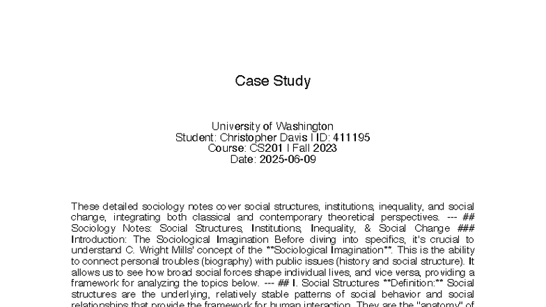 CS201 Fall 2023: Sociology Notes on Social Structures & Change - Studocu