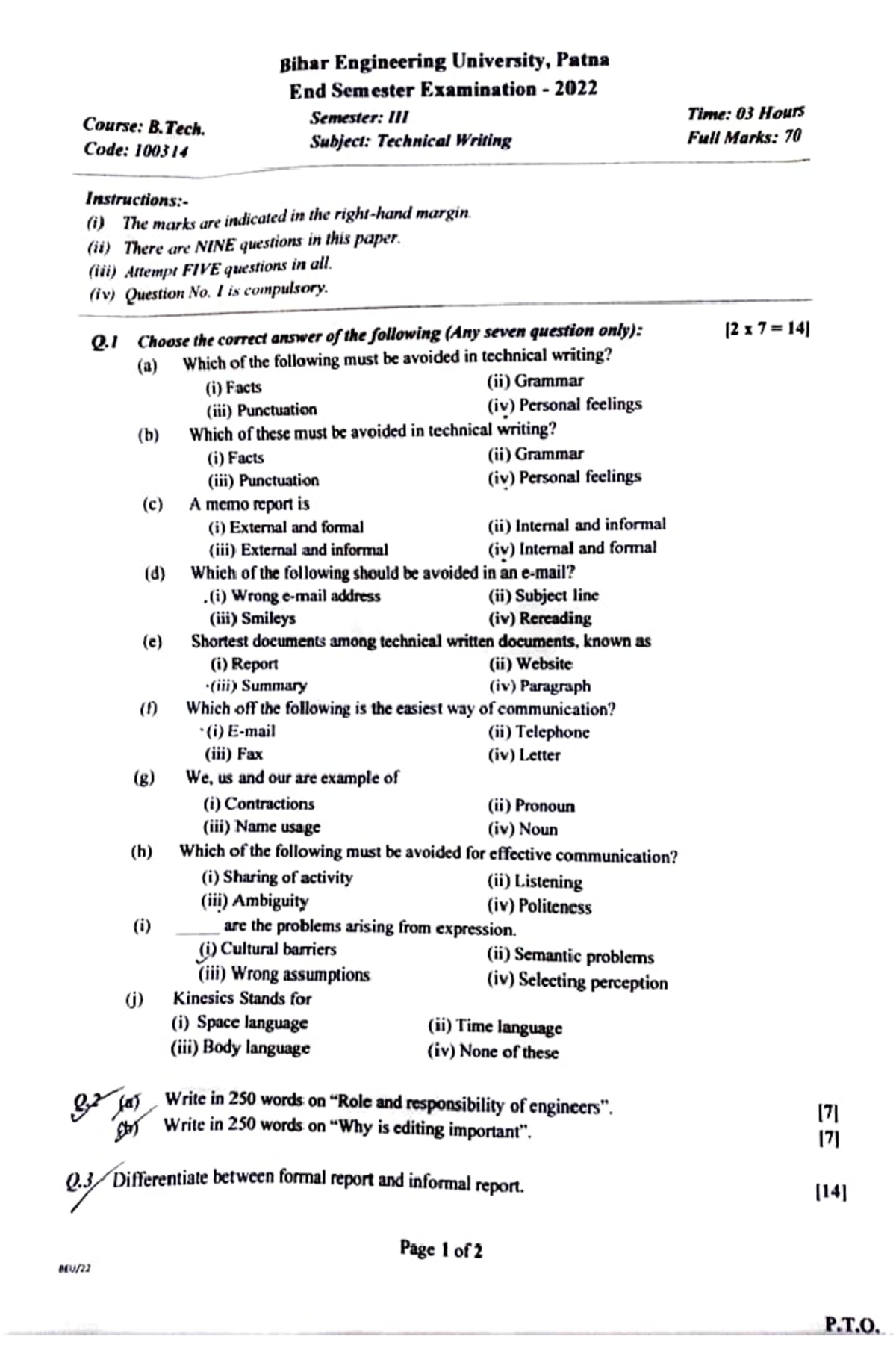 Bihar Engineering University B.Tech 100314 Technical Writing Exam 2022 ...