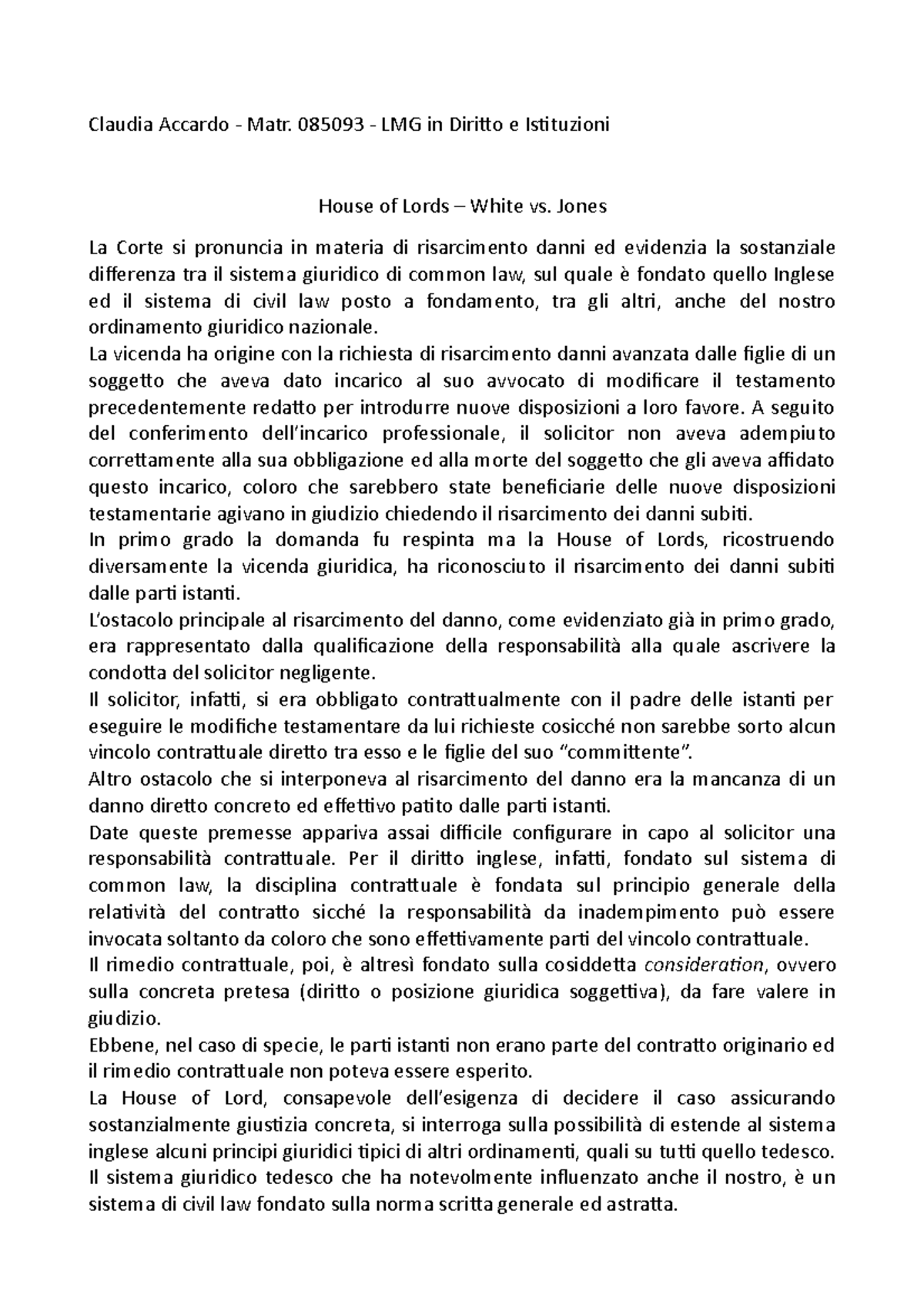 House of Lords - White vs. Jones Case Study Analysis (Matr. 085093 ...