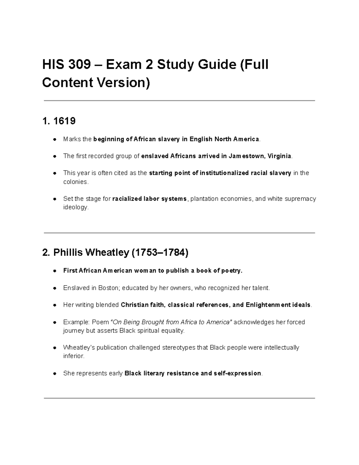 HIS 309 - Exam 2 Study Guide: Key Topics in African American History ...