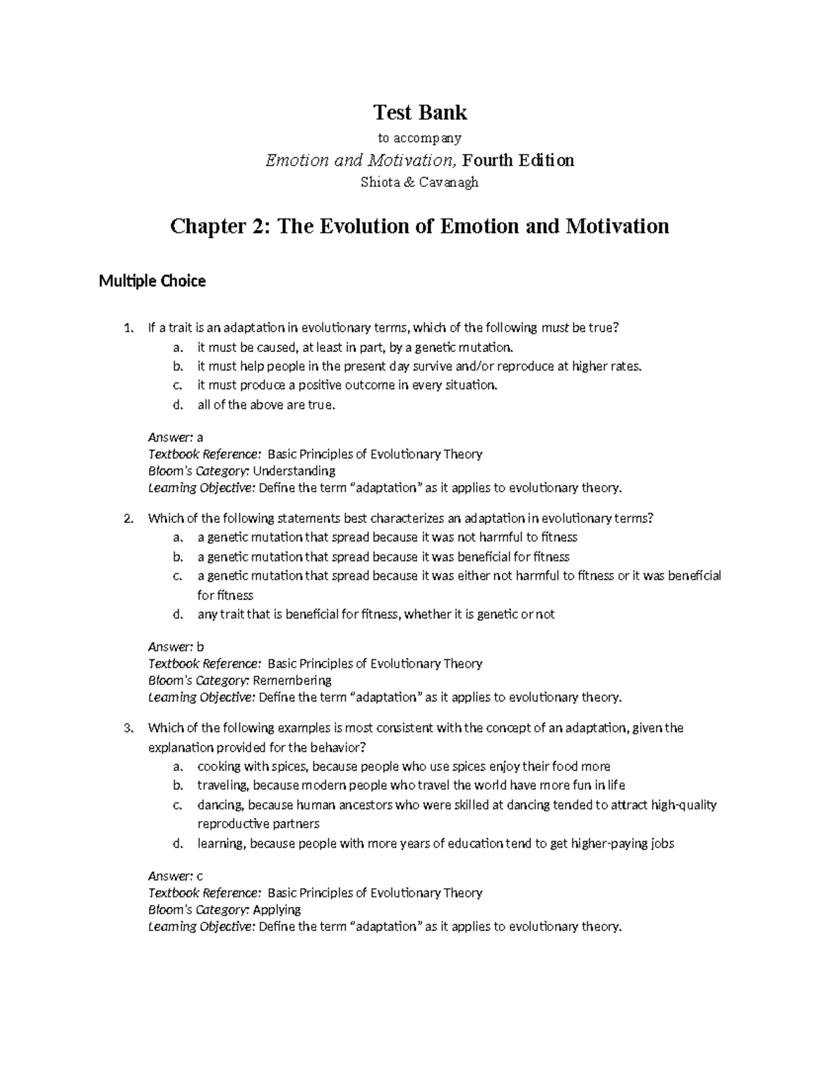 Test Bank for Emotion and Motivation (PSY 202) - Chapter 2 Insights ...