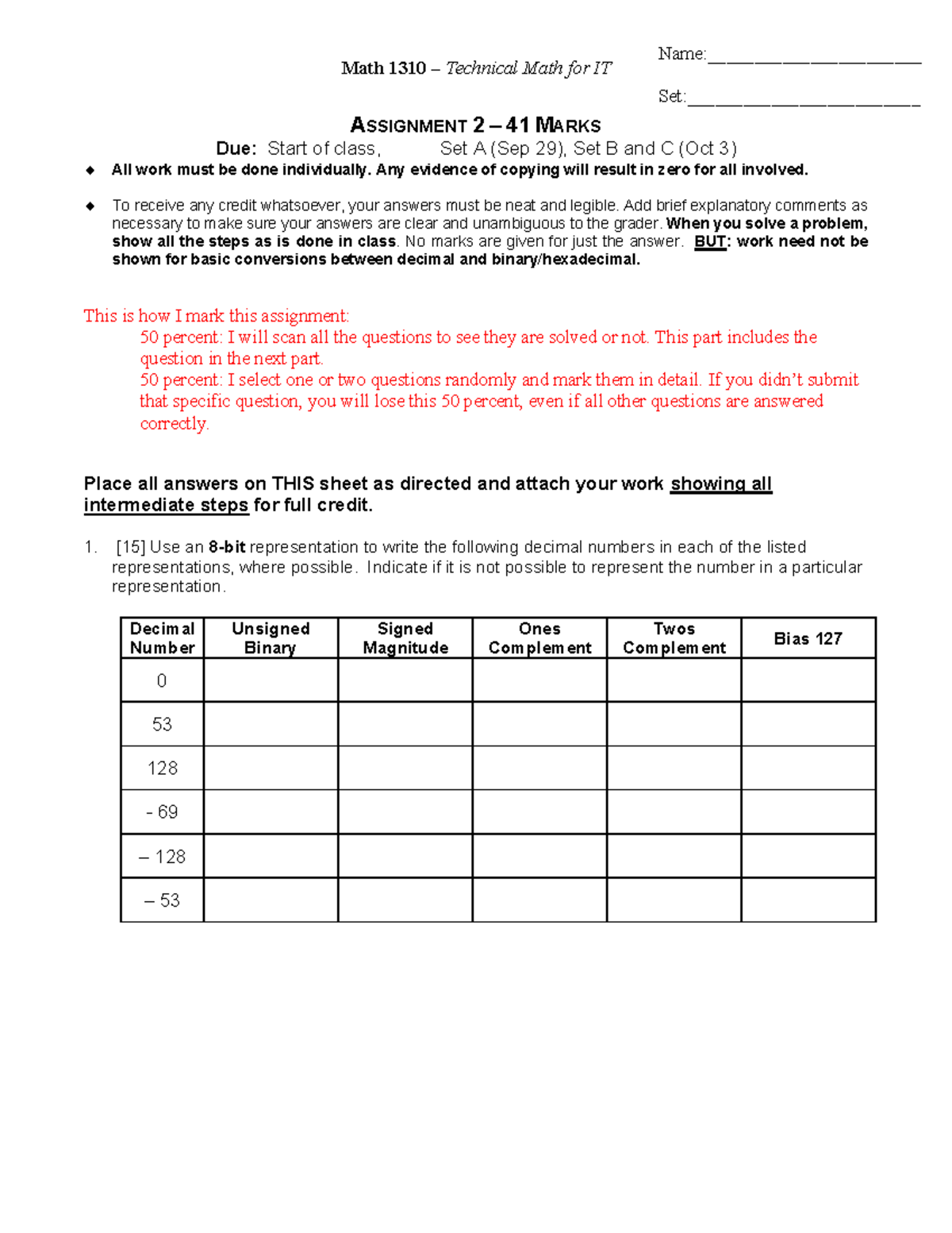 Math 1310 Technical Math for IT - Assignment 2 Guidelines - Studocu
