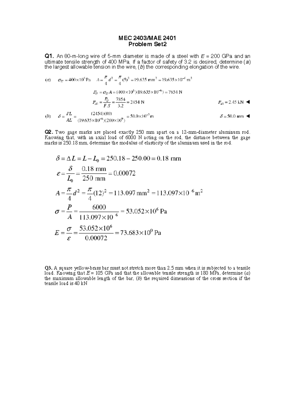 Tutorial 2 solutions - MEC 2403/MAE 2401 Problem Set Q1. An 80-m-long wire of 5-mm diameter is ...