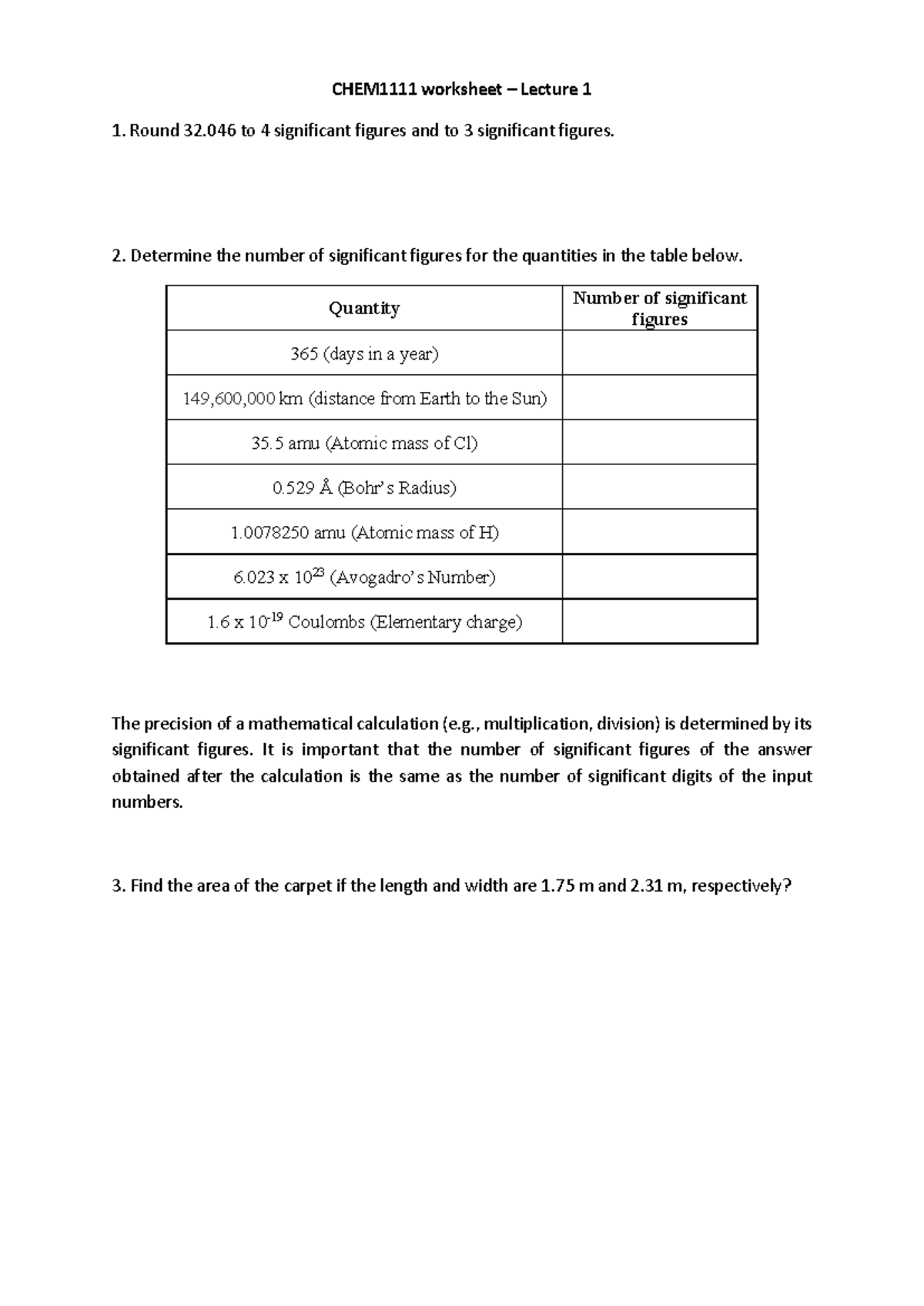 Worksheet 01 - Lecture 1: Significant Figures & Calculations - Studocu