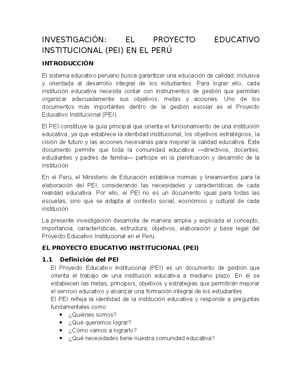 Investigación sobre el Proyecto Educativo Institucional (PEI) en Perú ...