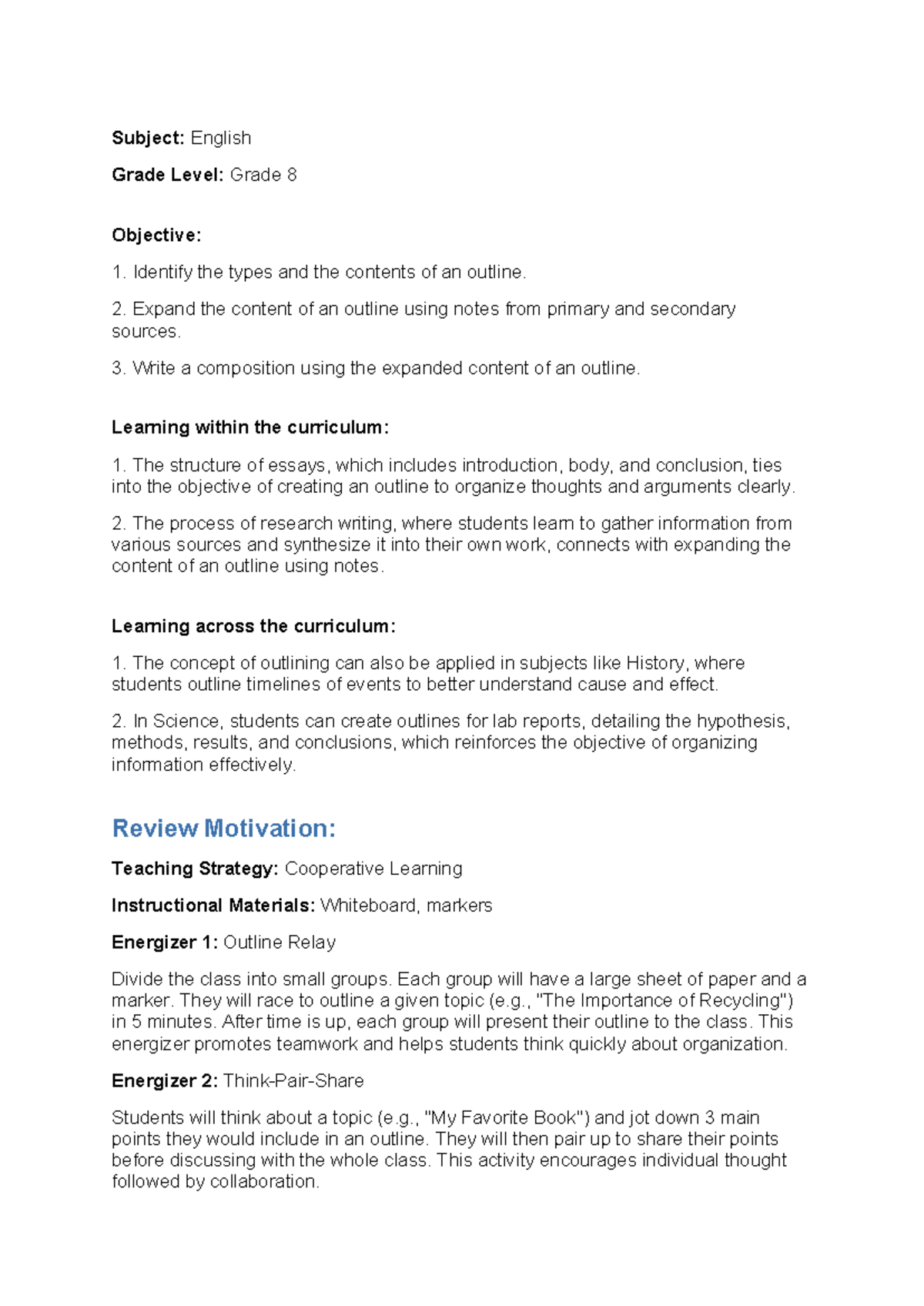 English 8 Lesson Plan: Outlining and Composition Writing - Studocu