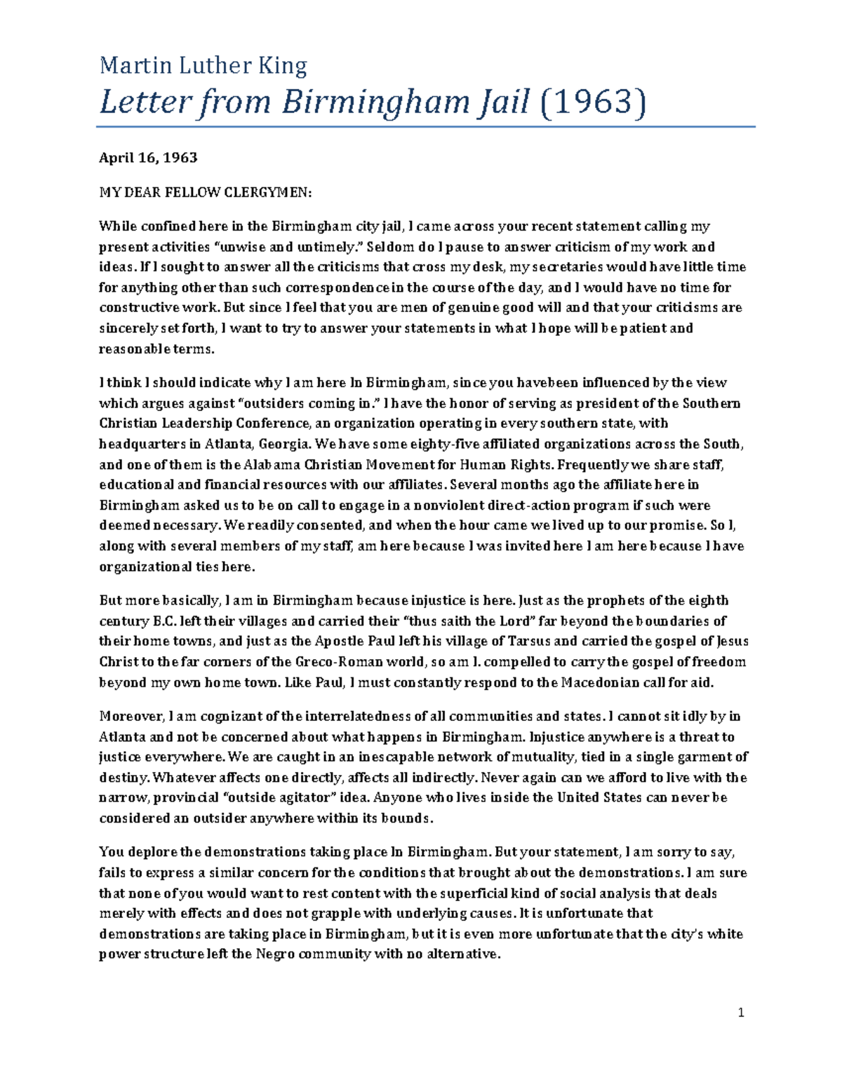 Letter from Birmingham Jail: Analyzing Nonviolent Protest and Justice ...