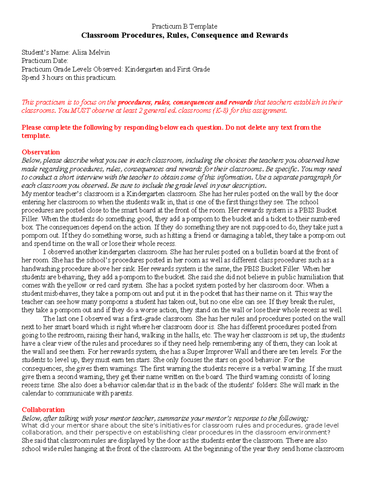 Practicum B Template - Classroom Procedures & Observations Report - Studocu