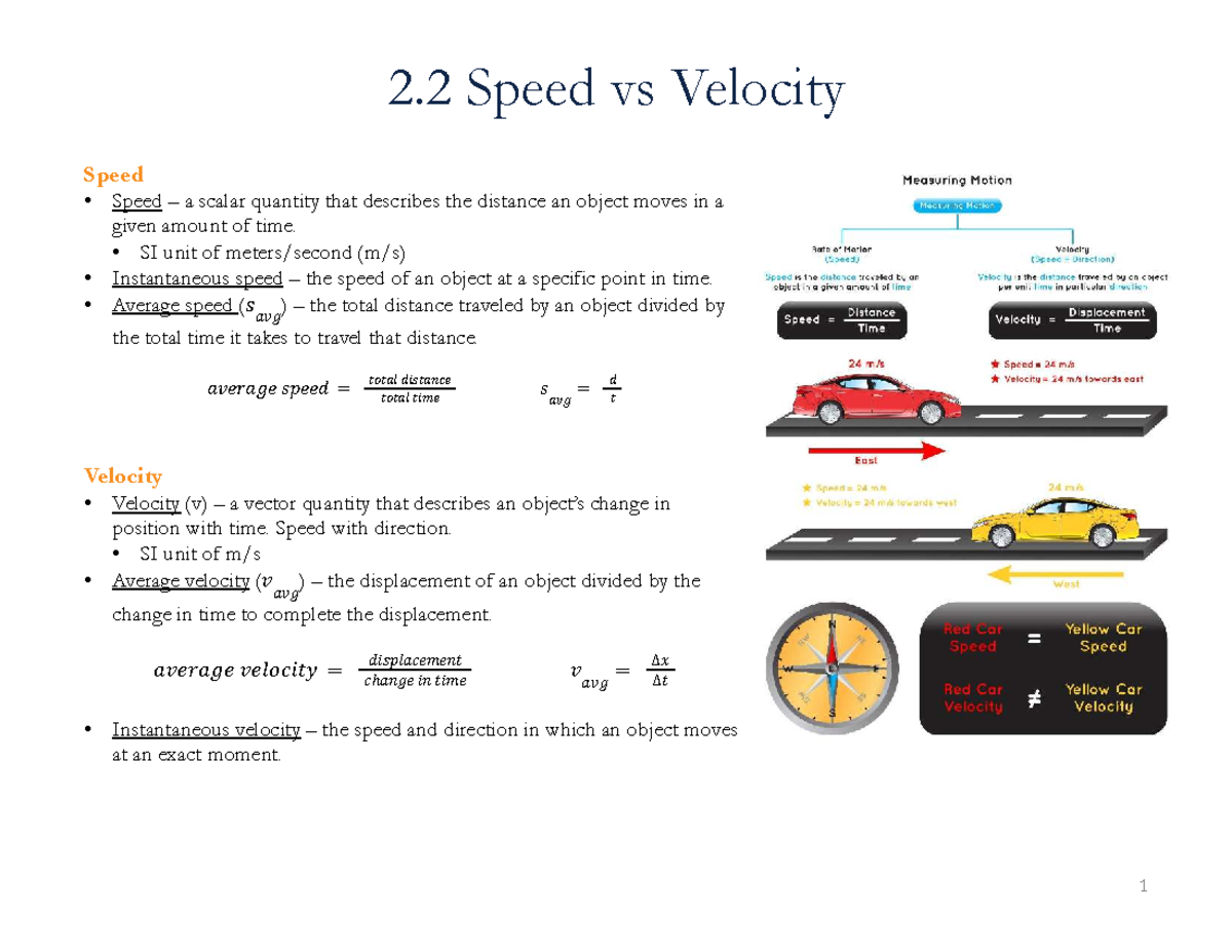 2.2 Speed vs Velocity Study Notes: Concepts & Motion Graphs - Studocu