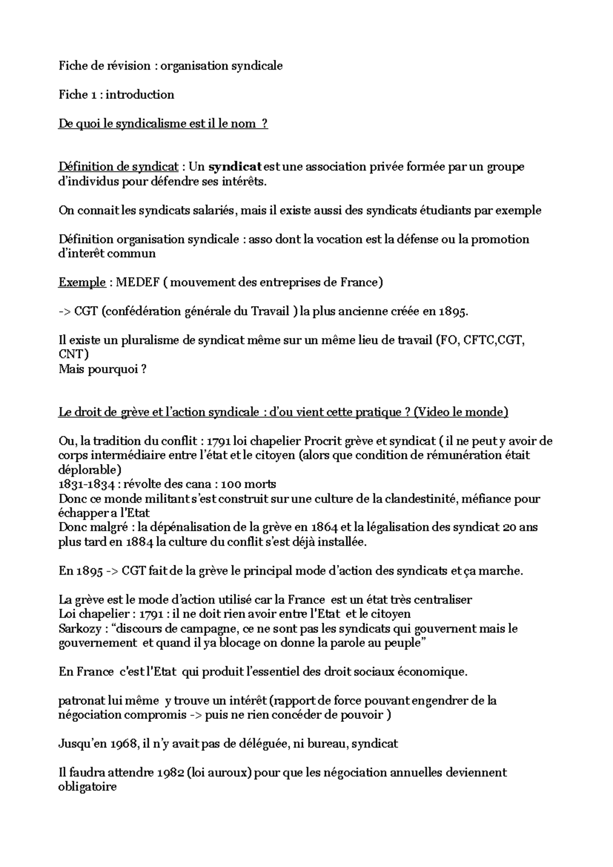 Fiche de révision : Organisation Syndicale - Introduction et Concepts ...