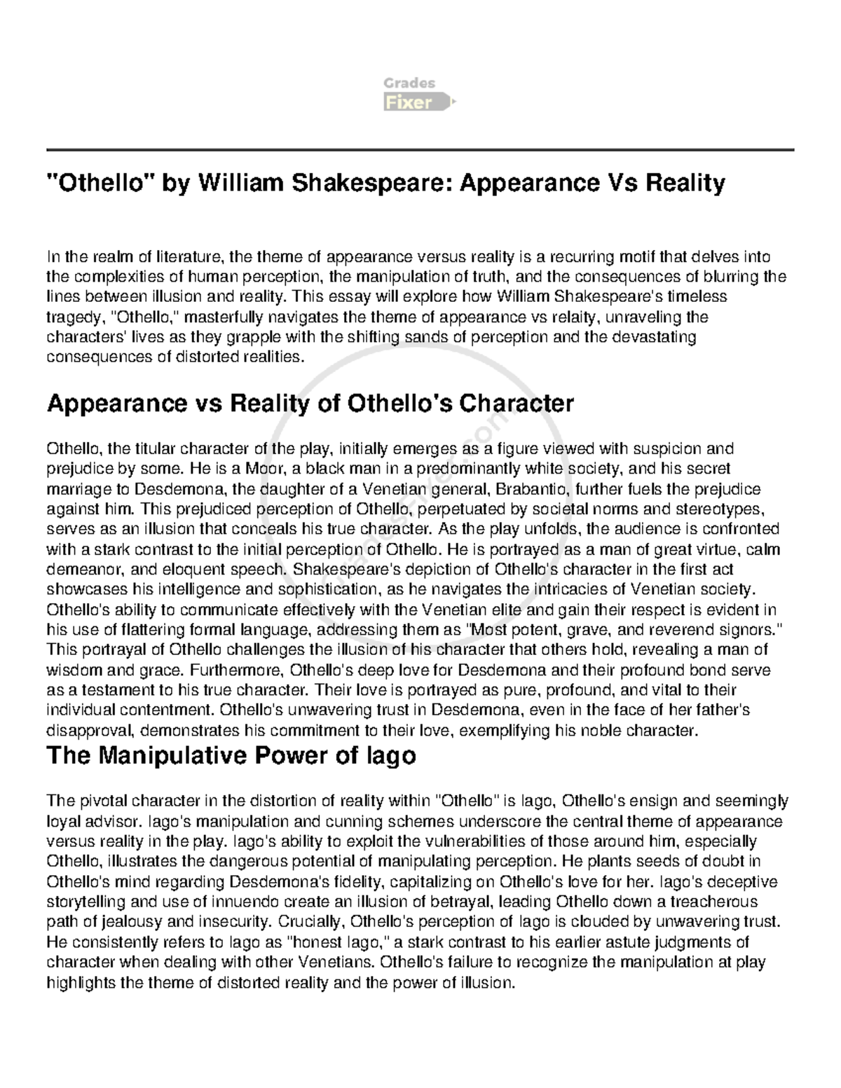 Othello: Exploring Appearance vs Reality in Shakespeare's Tragedy - Studocu