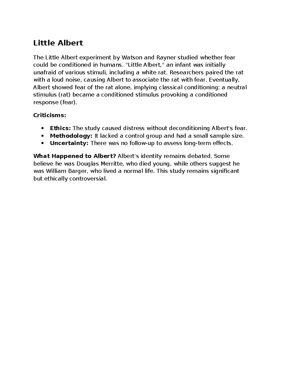 PSY 101: Little Albert Experiment - Fear Conditioning Analysis - Studocu