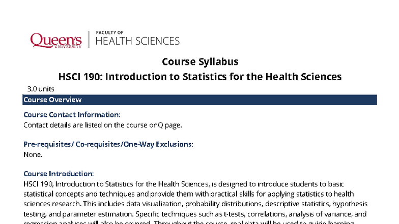 HSCI 190: Syllabus for Introduction to Statistics in Health Sciences ...