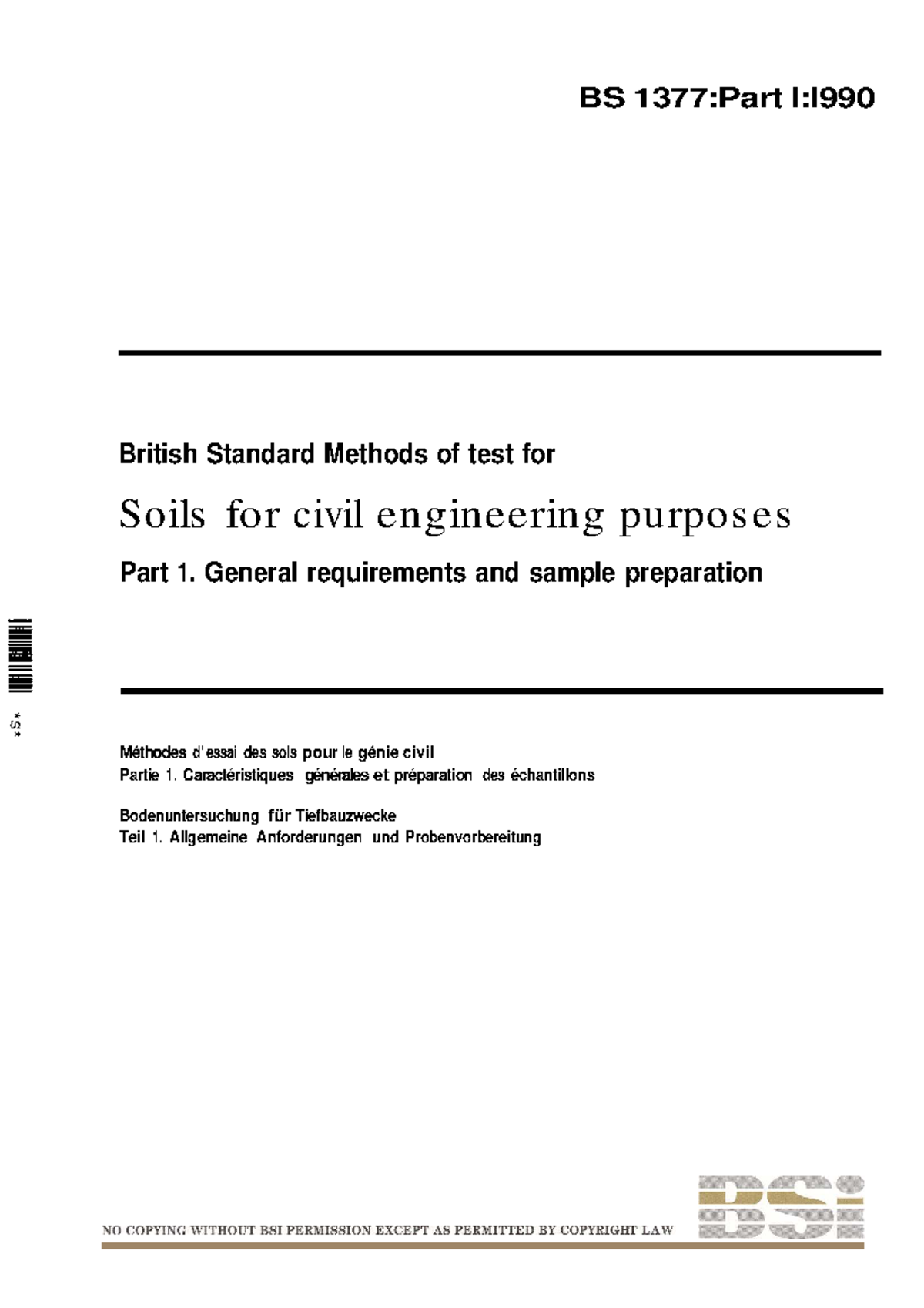 BS 1377: Part 1: 1990 - British Standard Methods for Soil Testing - Studocu