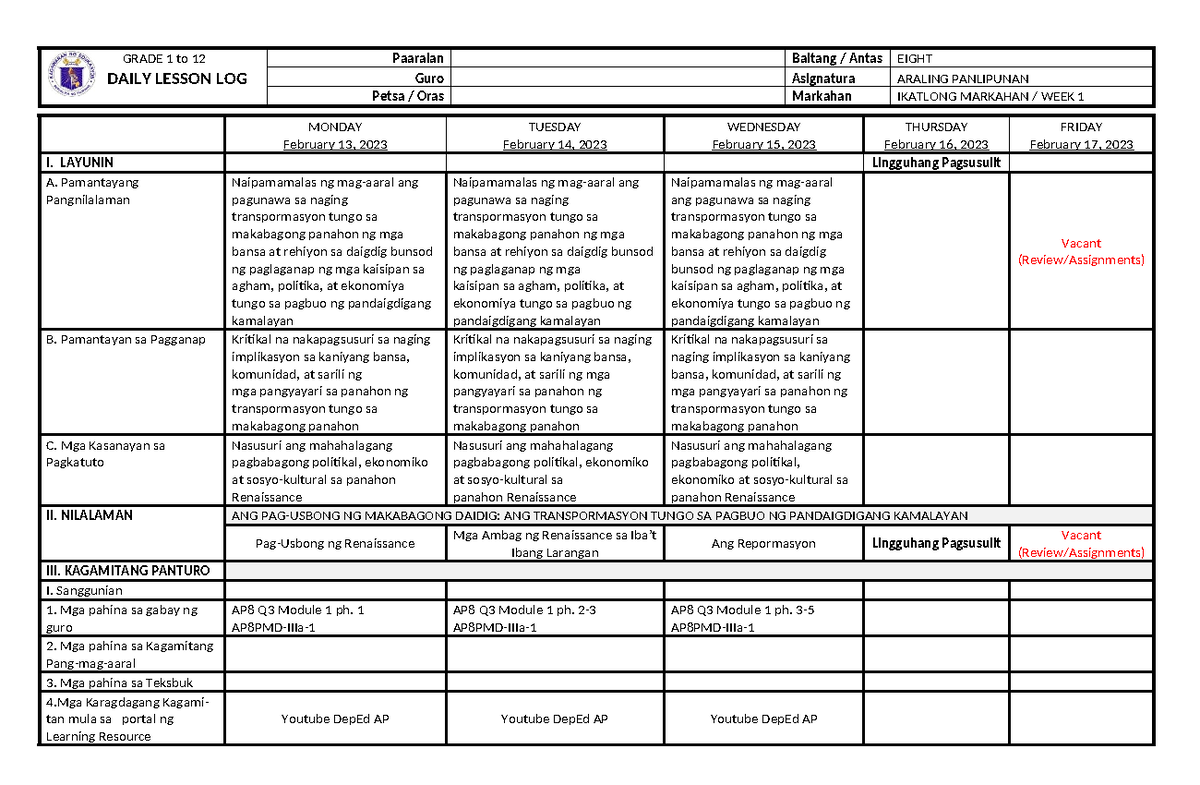 Professional Education Units Daily Lesson Log - GRADE 1 to 12 DAILY ...