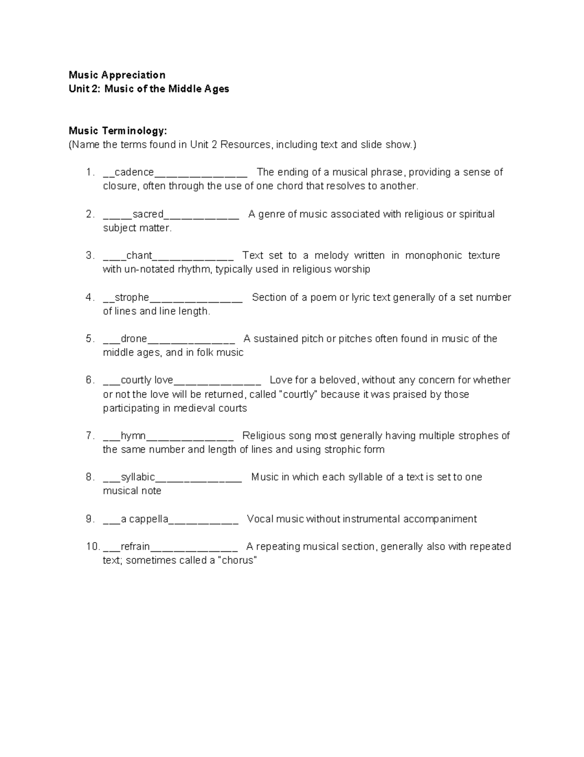 MUS 101 Unit2-L2-Assignment - Music Appreciation Unit 2: Music of the ...