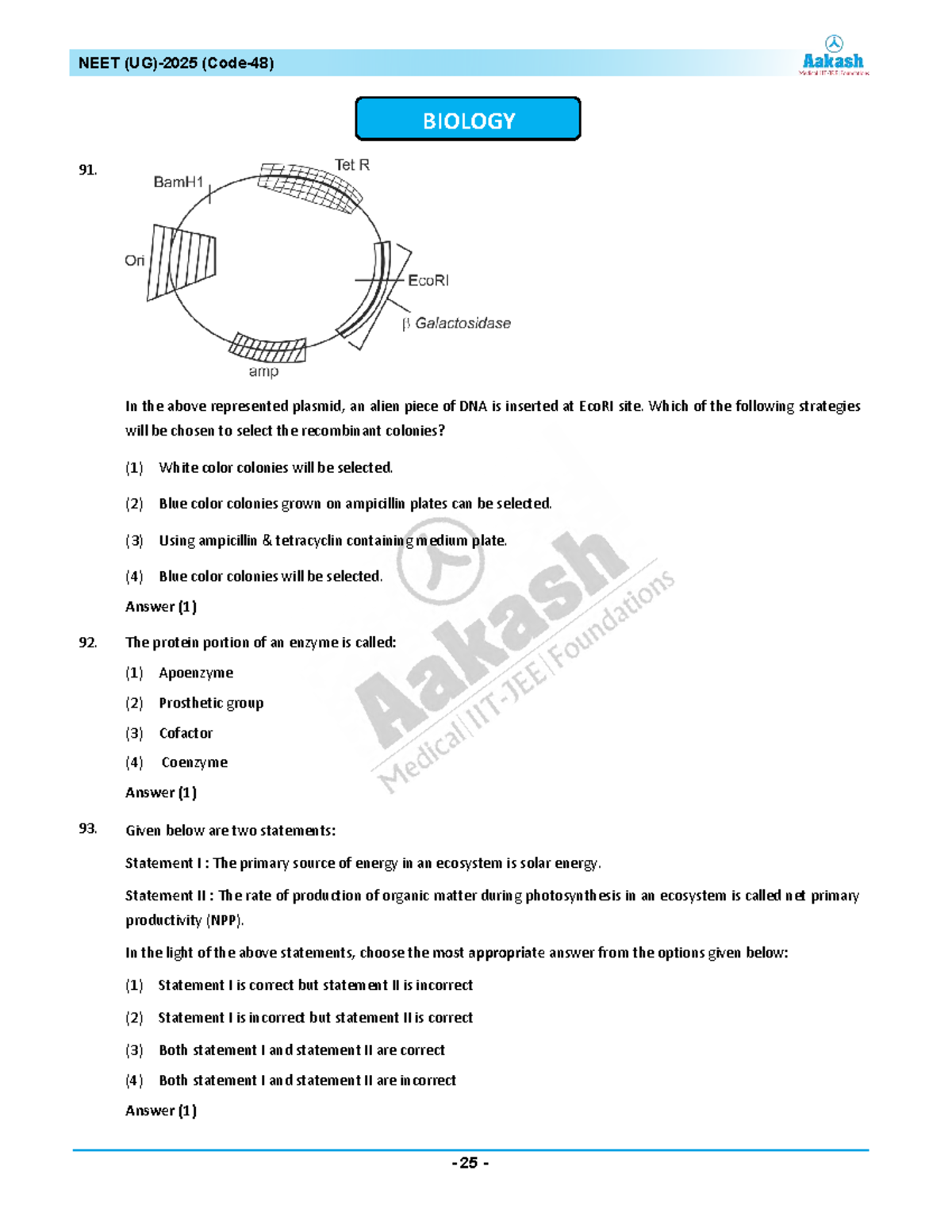Aakash NEET 2025 Biology Question Paper & Solutions Code-48 - Studocu