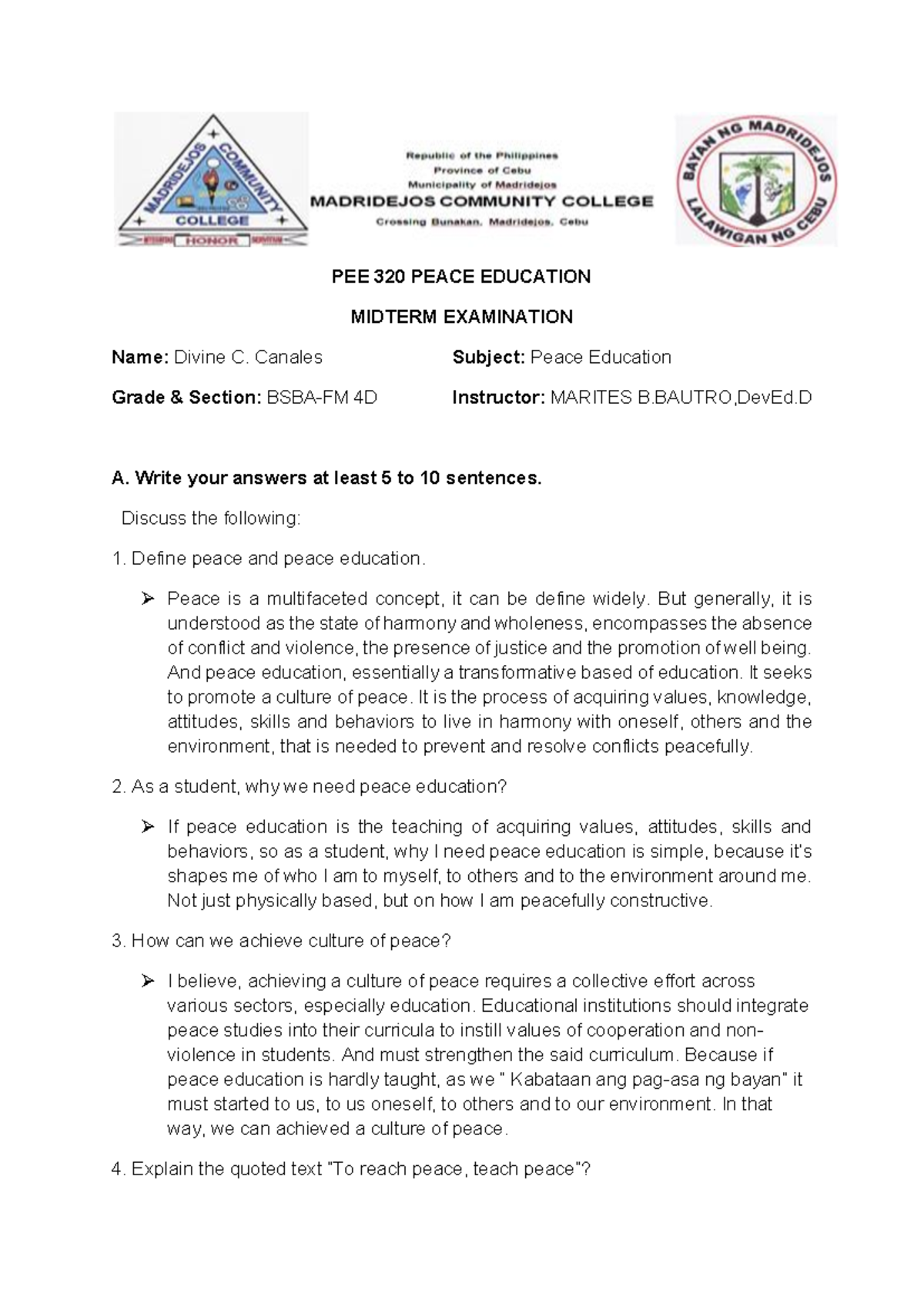 PEE 320 PEACE EDUCATION MIDTERM EXAM NOTES by Divine C. Canales - Studocu