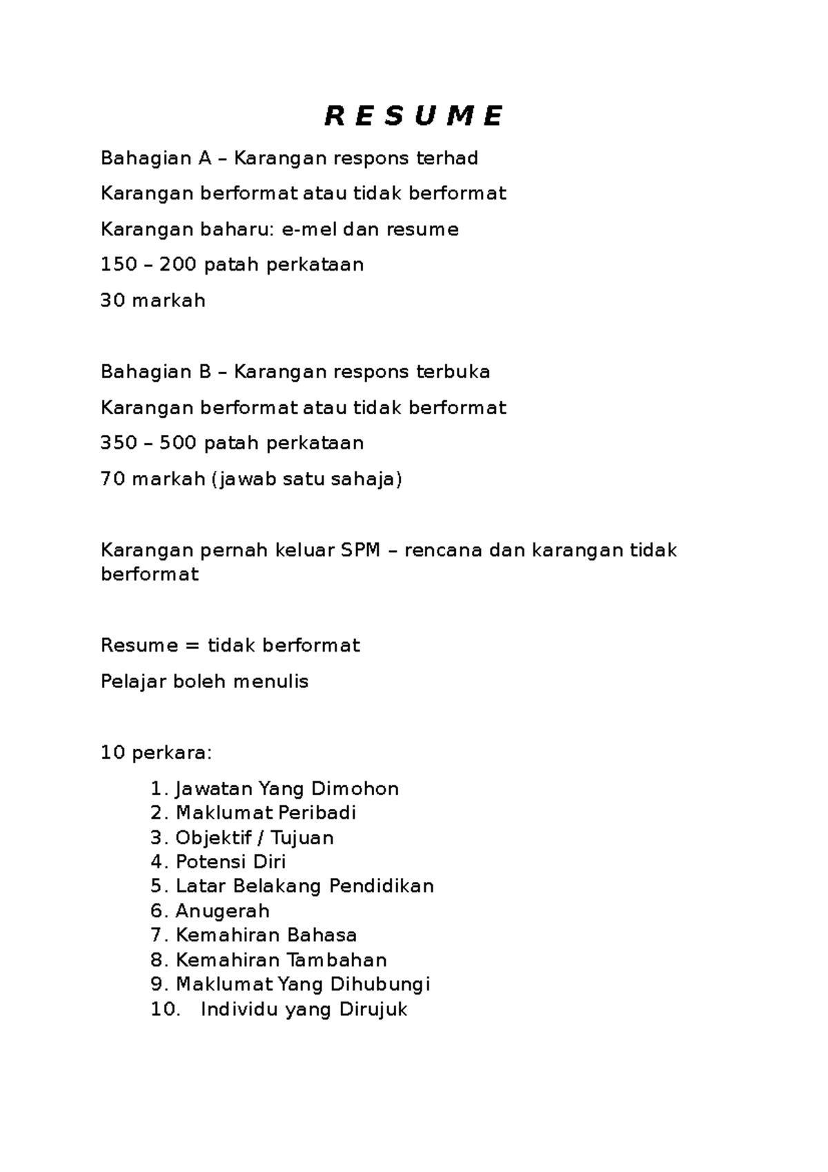BM 101 - Resume for Job Application as a Malay Language Teacher - Studocu