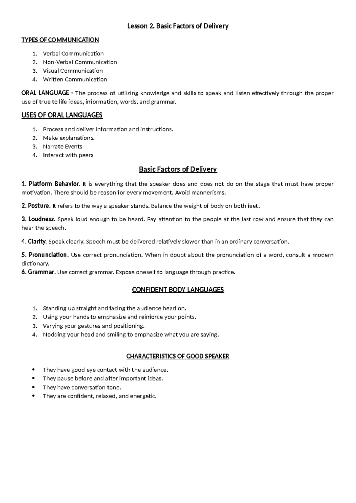 Lesson 2 Speech delivery - Lesson 2. Basic Factors of Delivery TYPES OF ...