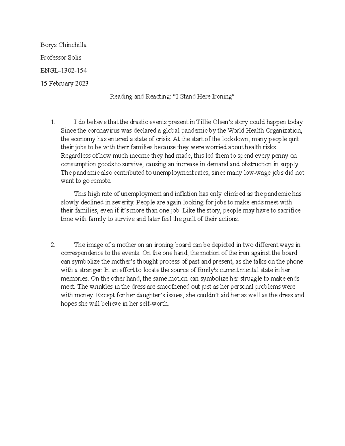 ENGL-1302: Reading & Reaction to "I Stand Here Ironing" Essay Notes ...