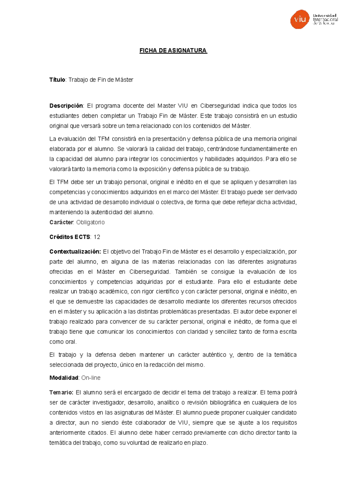 Trabajo de Fin de Máster en Ciberseguridad - Guía y Evaluación - Studocu