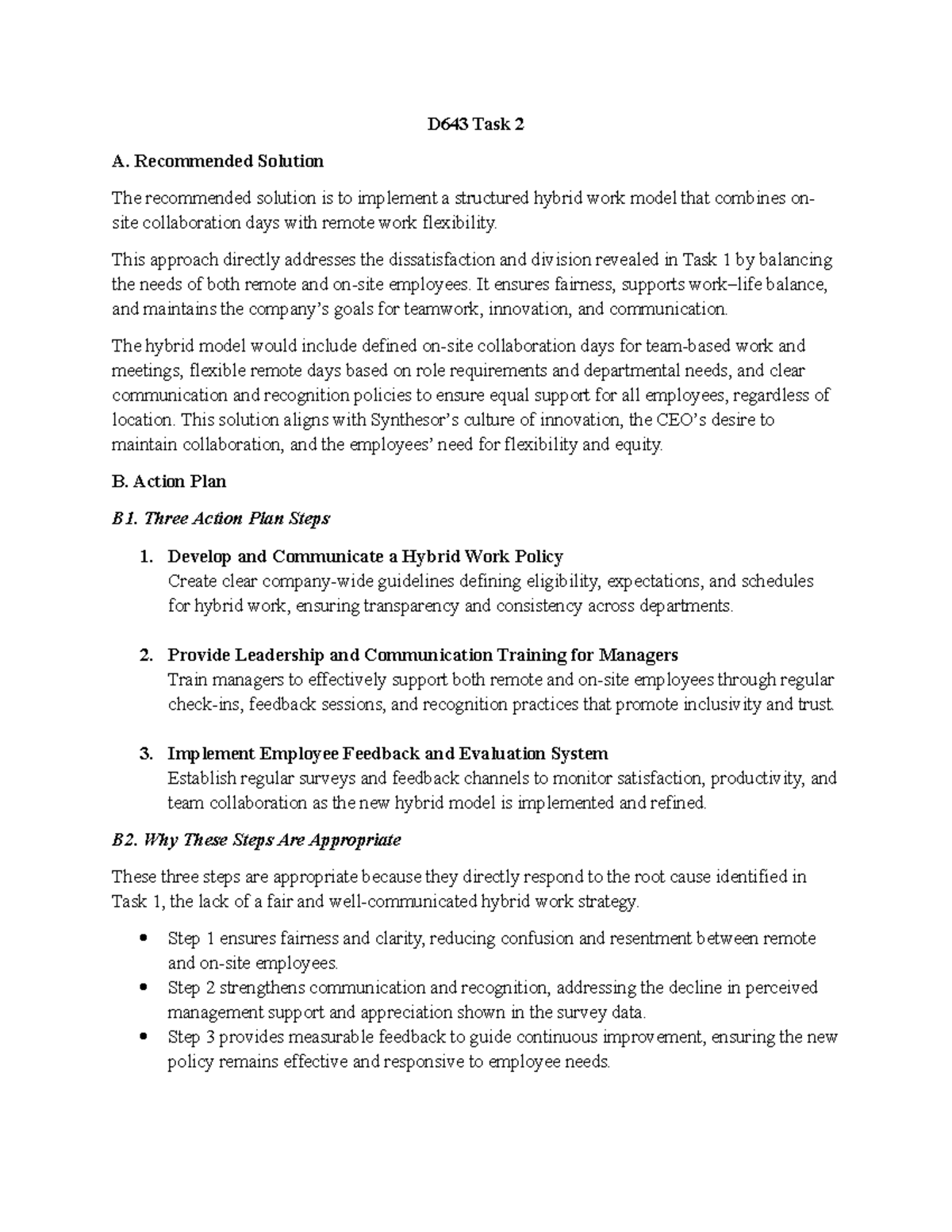 D643 Task 2: Hybrid Work Model Implementation Plan - Studocu