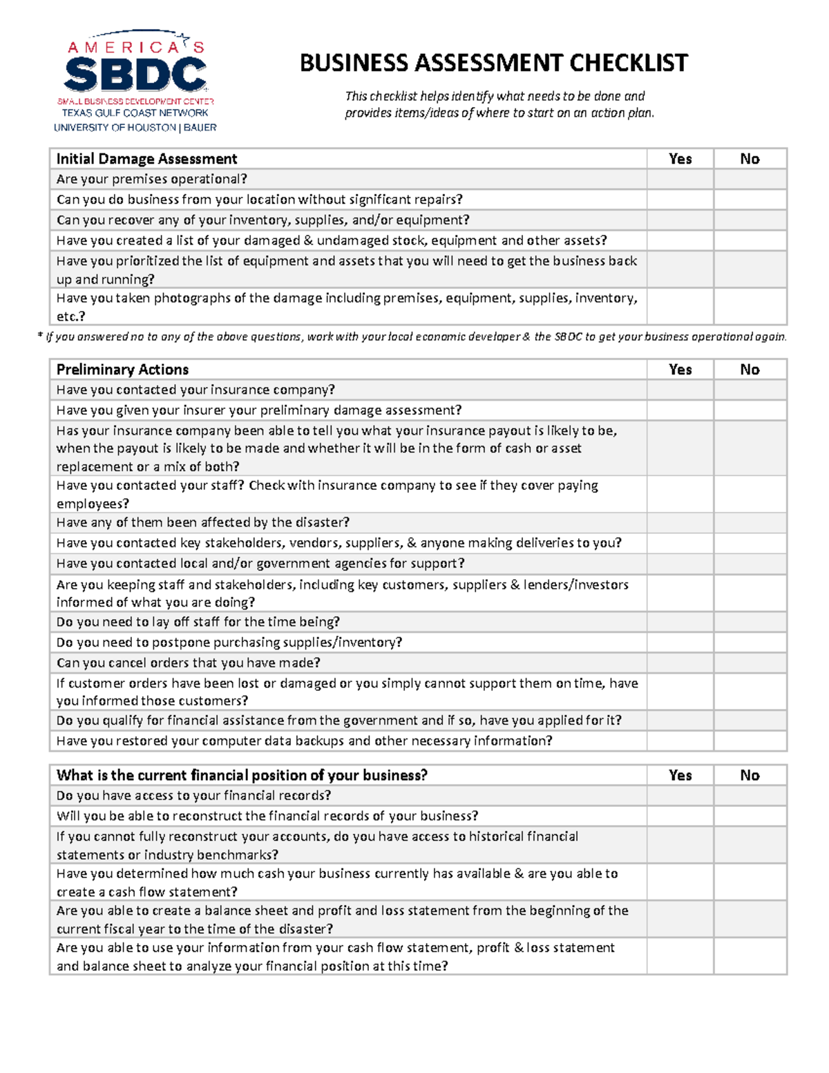UH SBDC Disaster Business Checklist - BUSINESS ASSESSMENT CHECKLIST This checklist helps ...