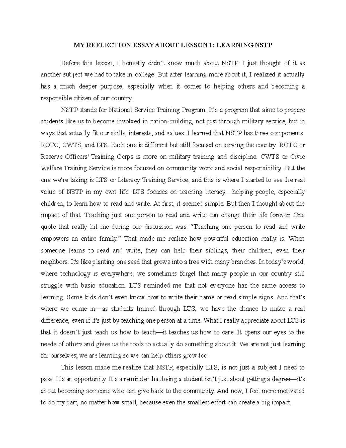 Reflection Essay on NSTP Lesson 1: Learning and Literacy - Studocu