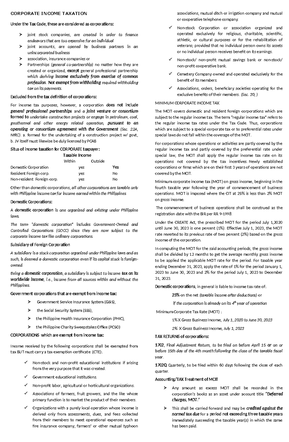 Module 9 Corporate Income Taxation - CORPORATE INCOME TAXATION Under ...